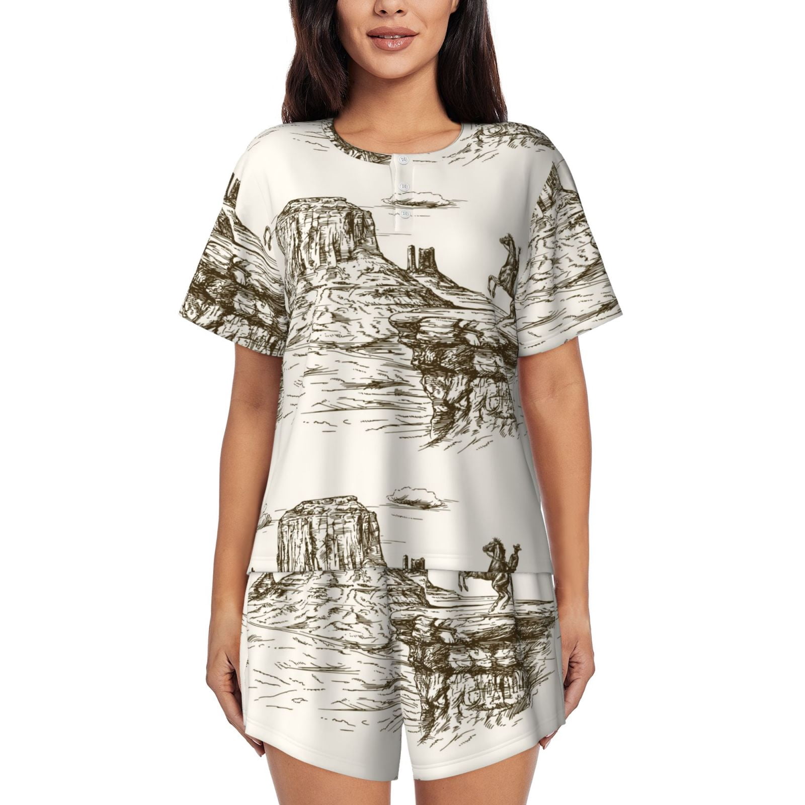 Susaid Western Desert Cowboys 1 Print Women's Pajama Set, Button-Up ...