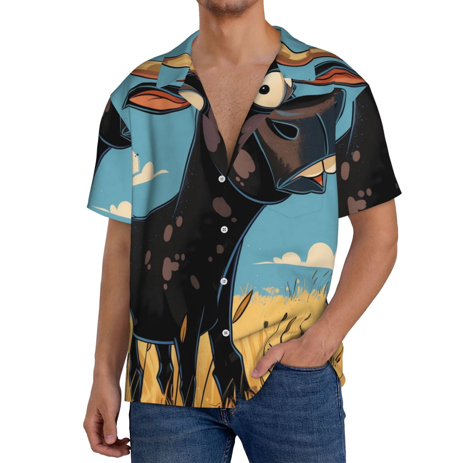 Susaid Whimsical Cartoon Cow Print Men's Polo Shirts Button Down Short ...
