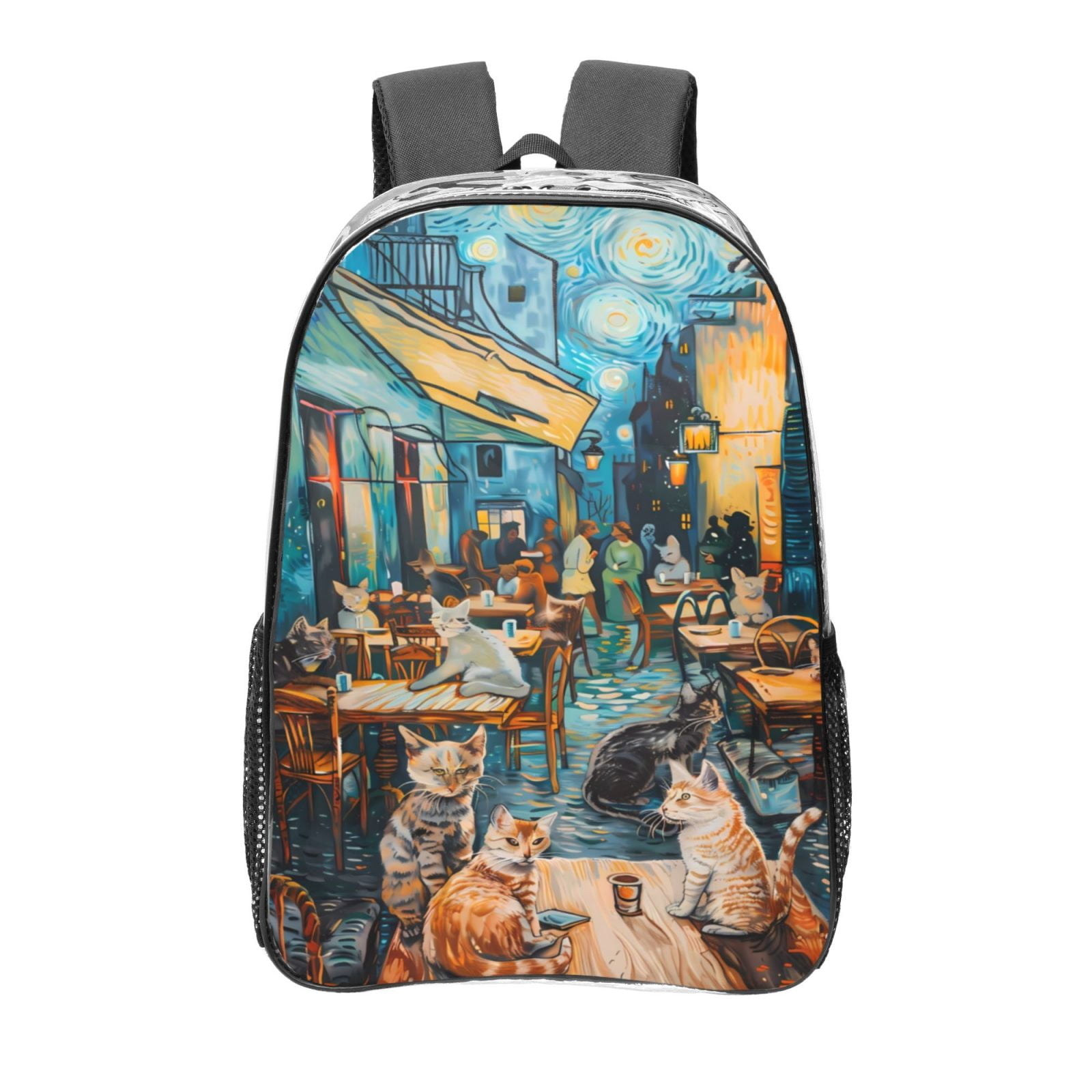 Susaid Whimsical Cats Night Cafe Print Clear Backpack See Through ...