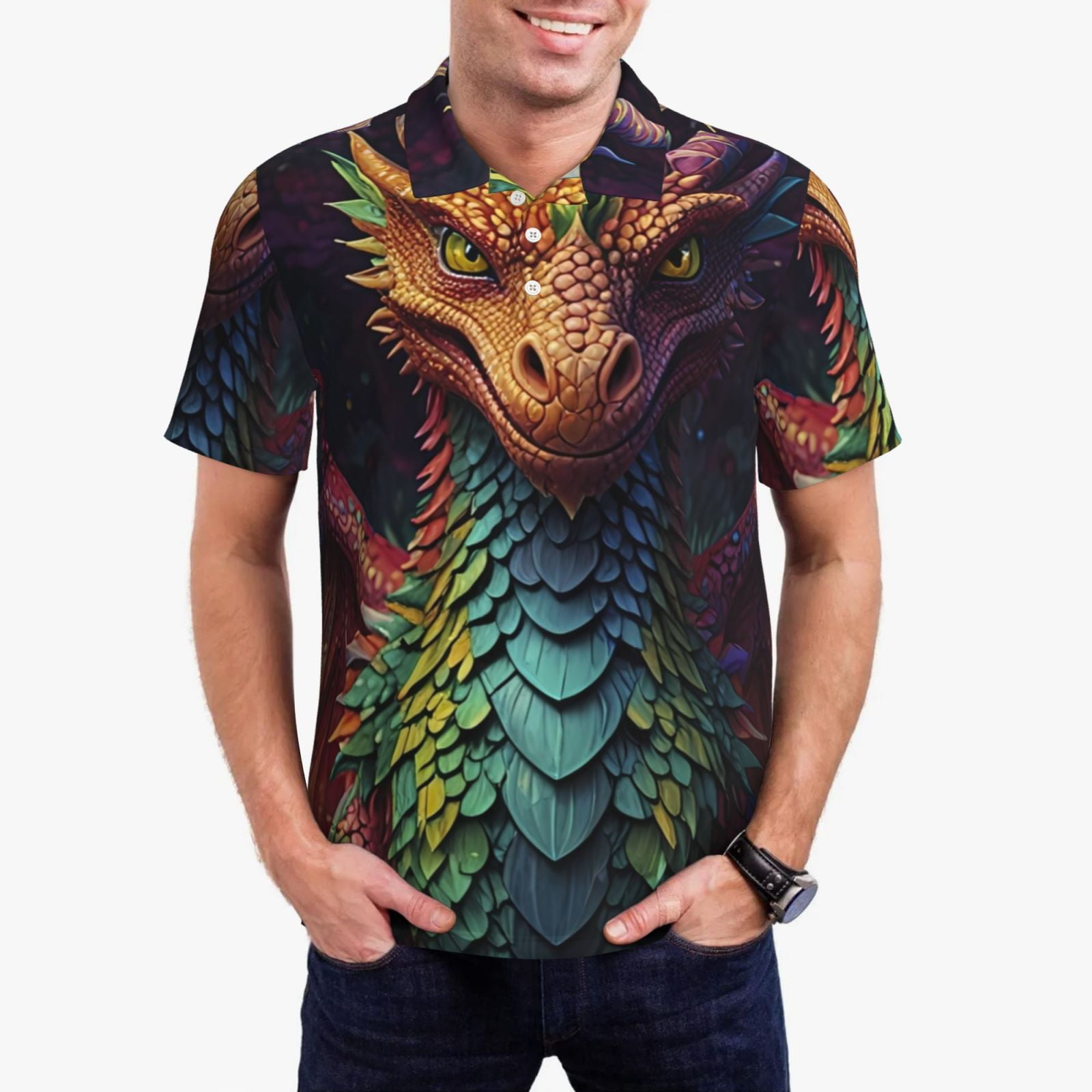 Susaid Whimsical Dragon Color Cool Print Men's Short Sleeve Polo Shirt ...