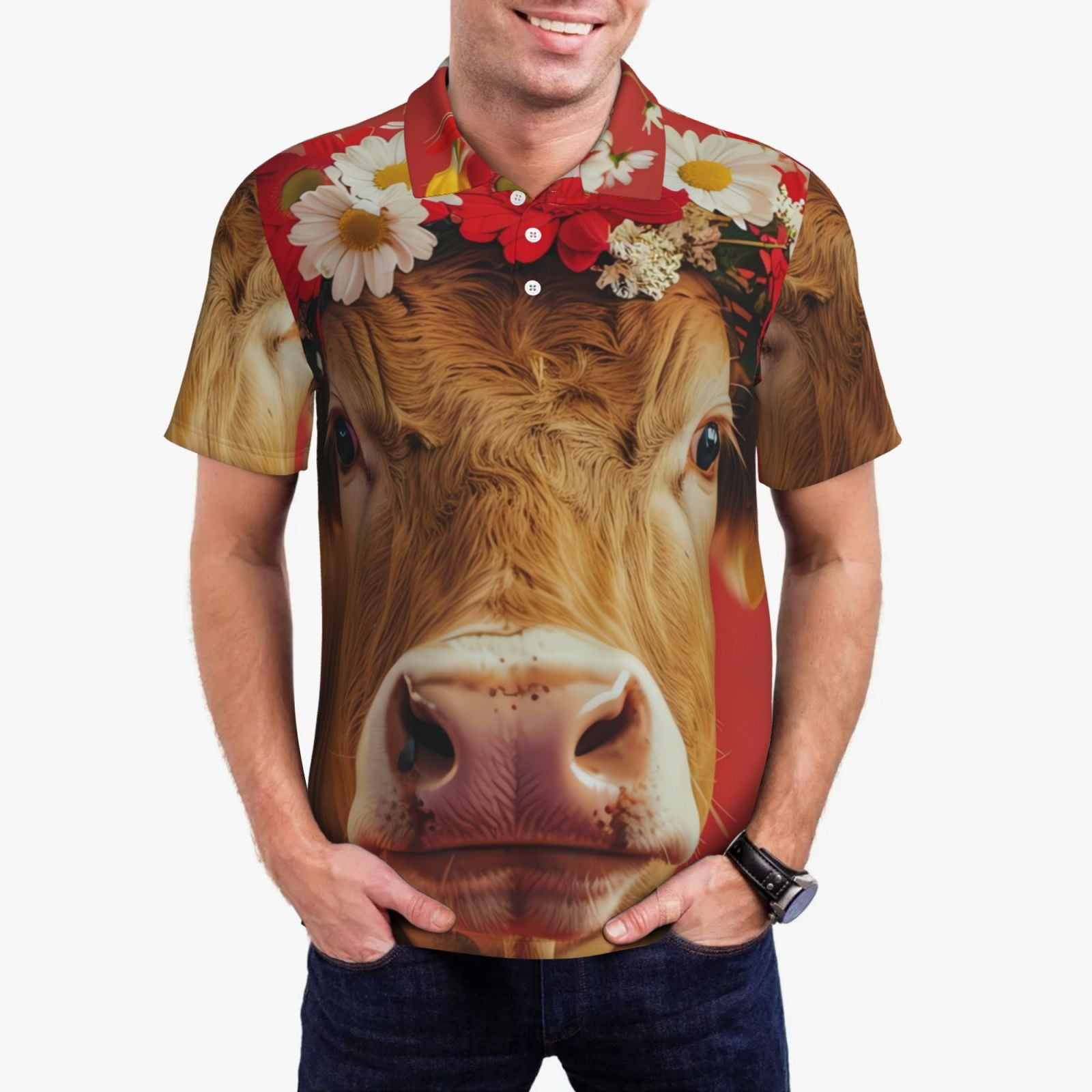 Susaid White And Red Daisy Cow Print Men's Short Sleeve Polo Shirt ...