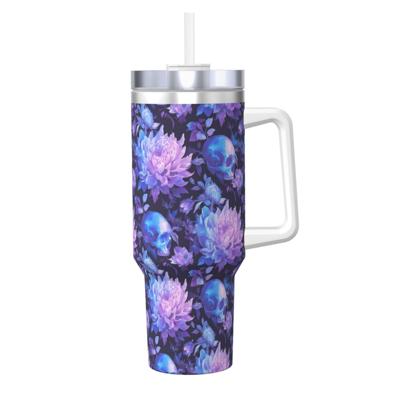 Susaid White Skull Flower Print Indoor Outdoor Straw Lid 40oz Ice Bully ...