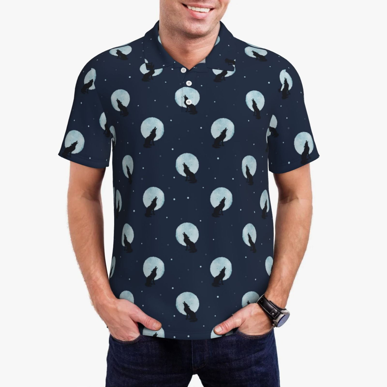 Susaid Wolf And Moon Print Men's Short Sleeve Polo Shirt, Golf Shirts ...