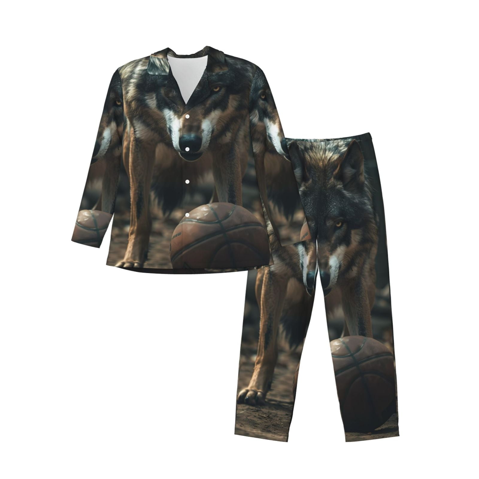 Susaid Wolf With Basketball Print Men's Long Sleeve Pajama Set, Two ...