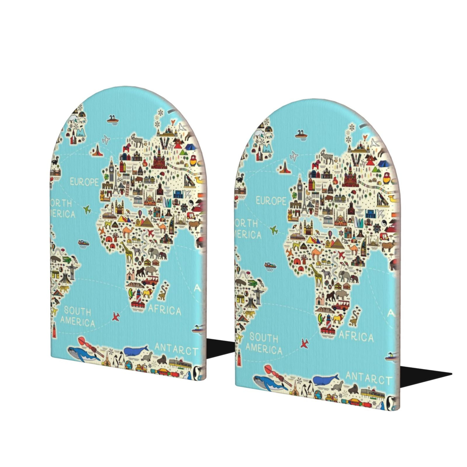 Susaid World Travel Line Icons Map Print Wooden Bookends Decorative ...
