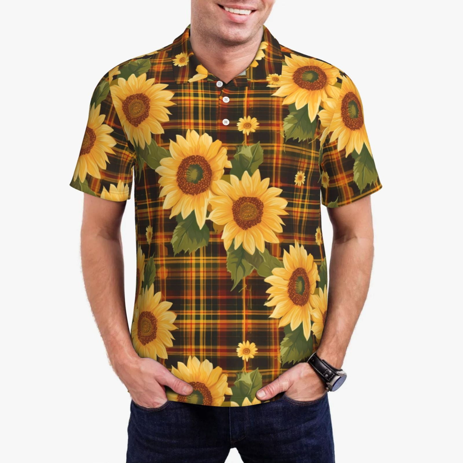Susaid Yellow Black Plaid Sunflower Print Men's Short Sleeve Polo Shirt ...
