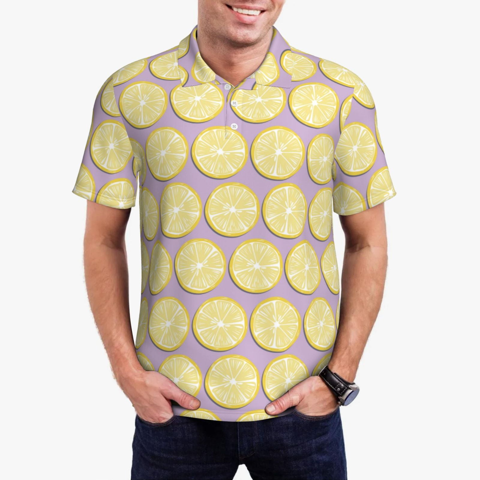 Susaid Yellow Lemon Slices Print Men's Short Sleeve Polo Shirt, Golf ...