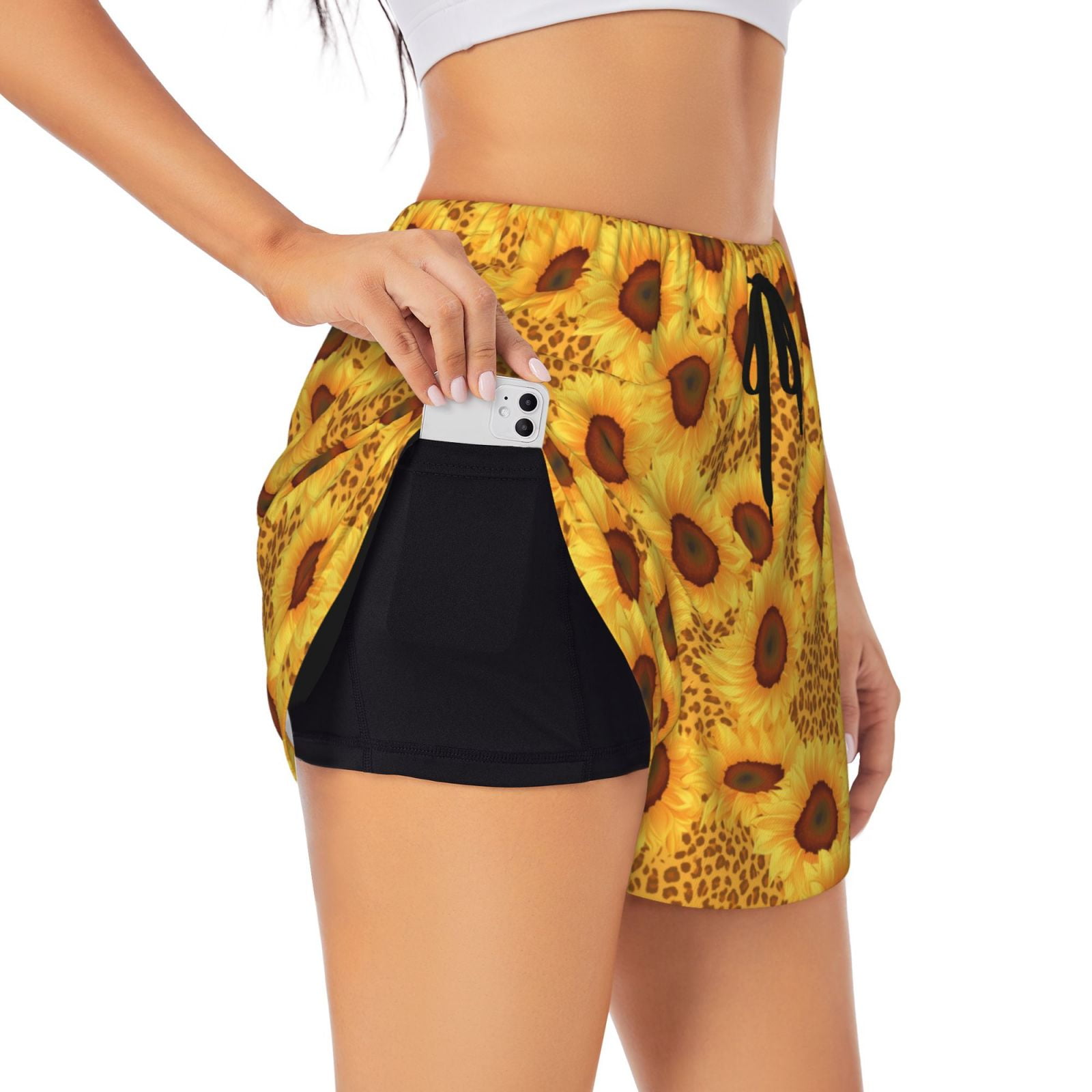 Susaid Yellow Leopard Print Sunflower Print Women's High Waisted Running Shorts Quick Dry ...