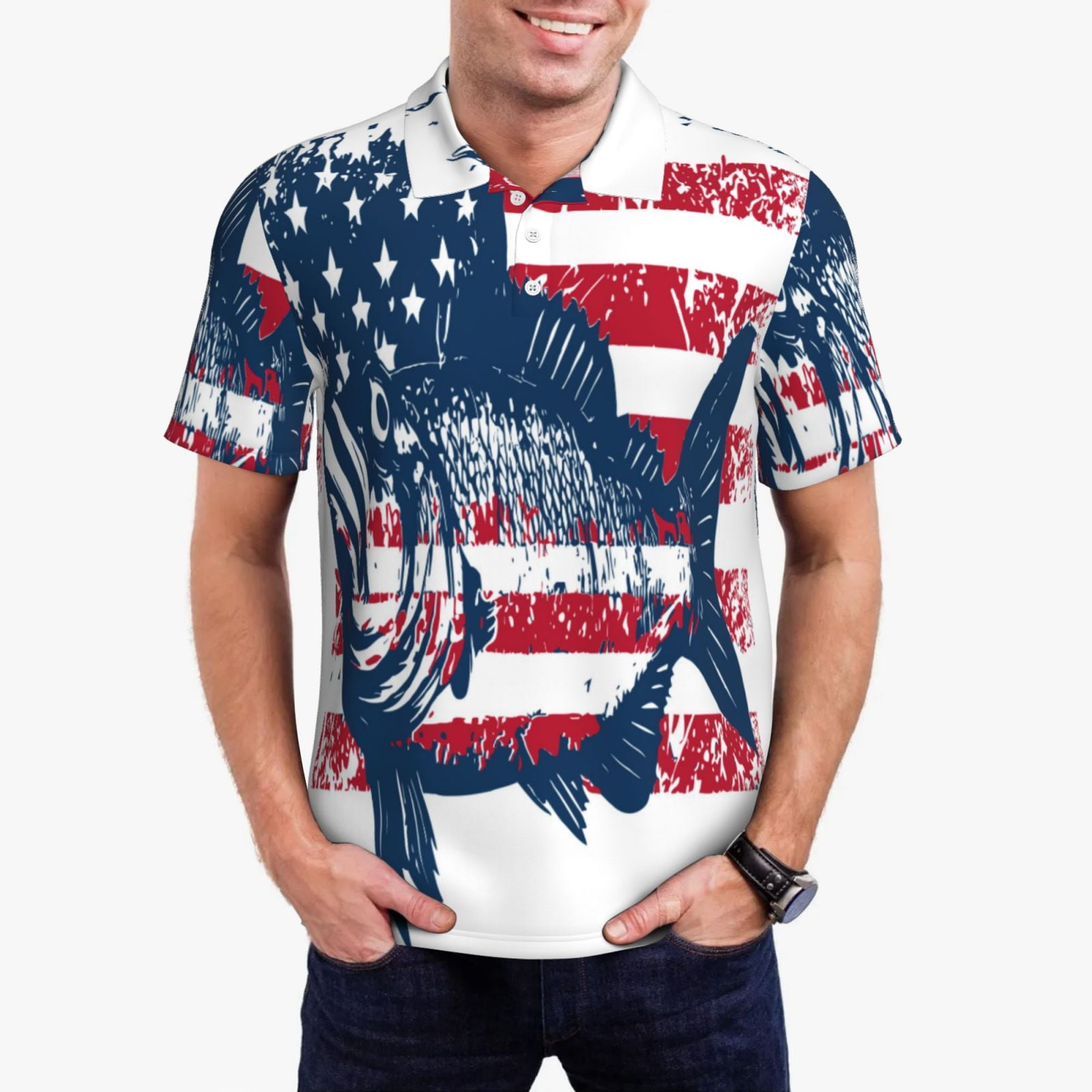 Susaid bass fish with the USA flag Print Men's Short Sleeve Polo Shirt ...
