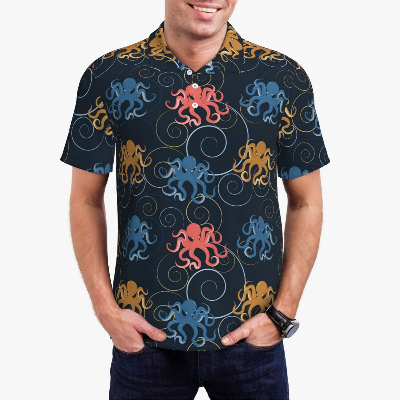 Susaid cartoon doodle octopus Print Men's Short Sleeve Polo Shirt, Golf ...