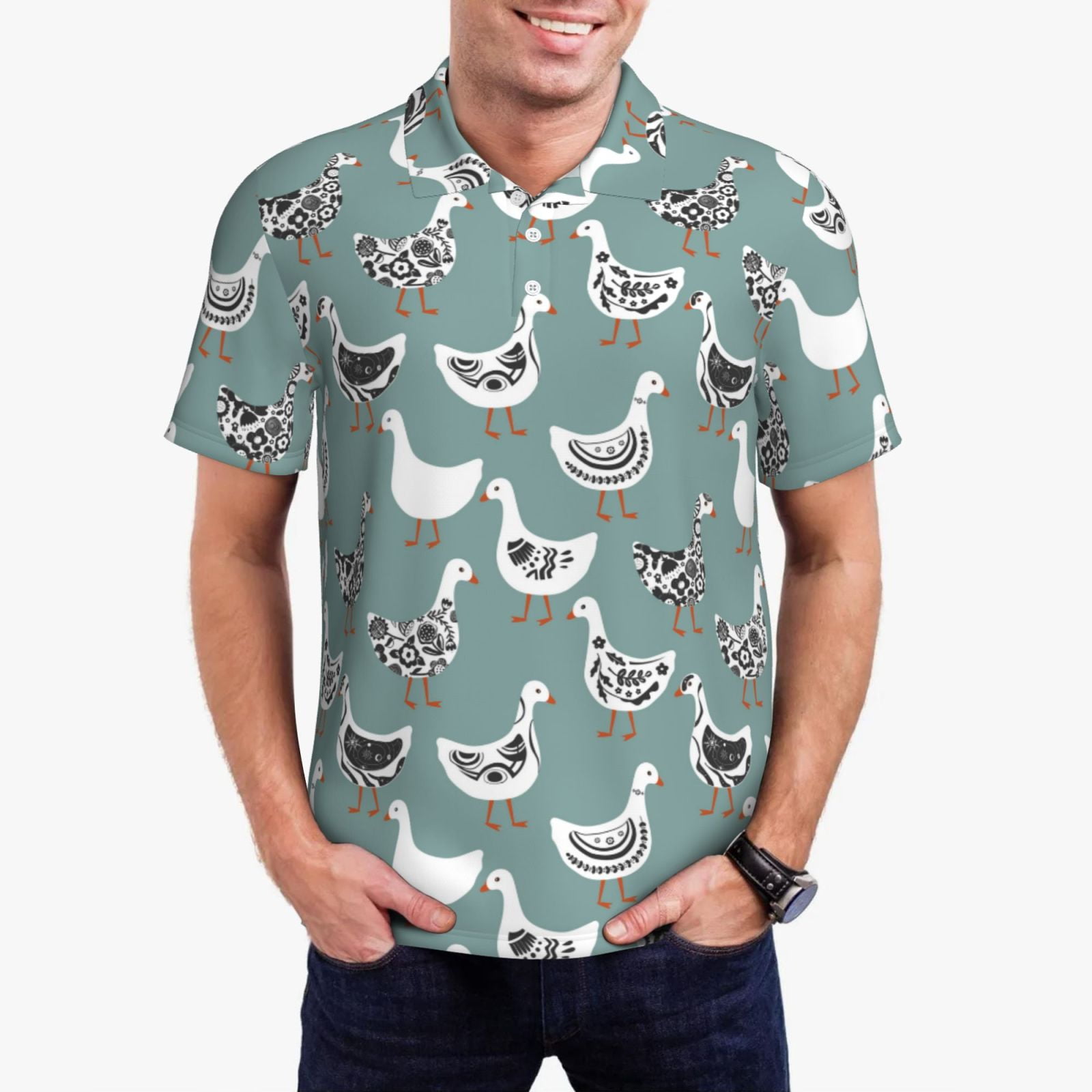 Susaid cartoon geese Print Men's Short Sleeve Polo Shirt, Golf Shirts ...