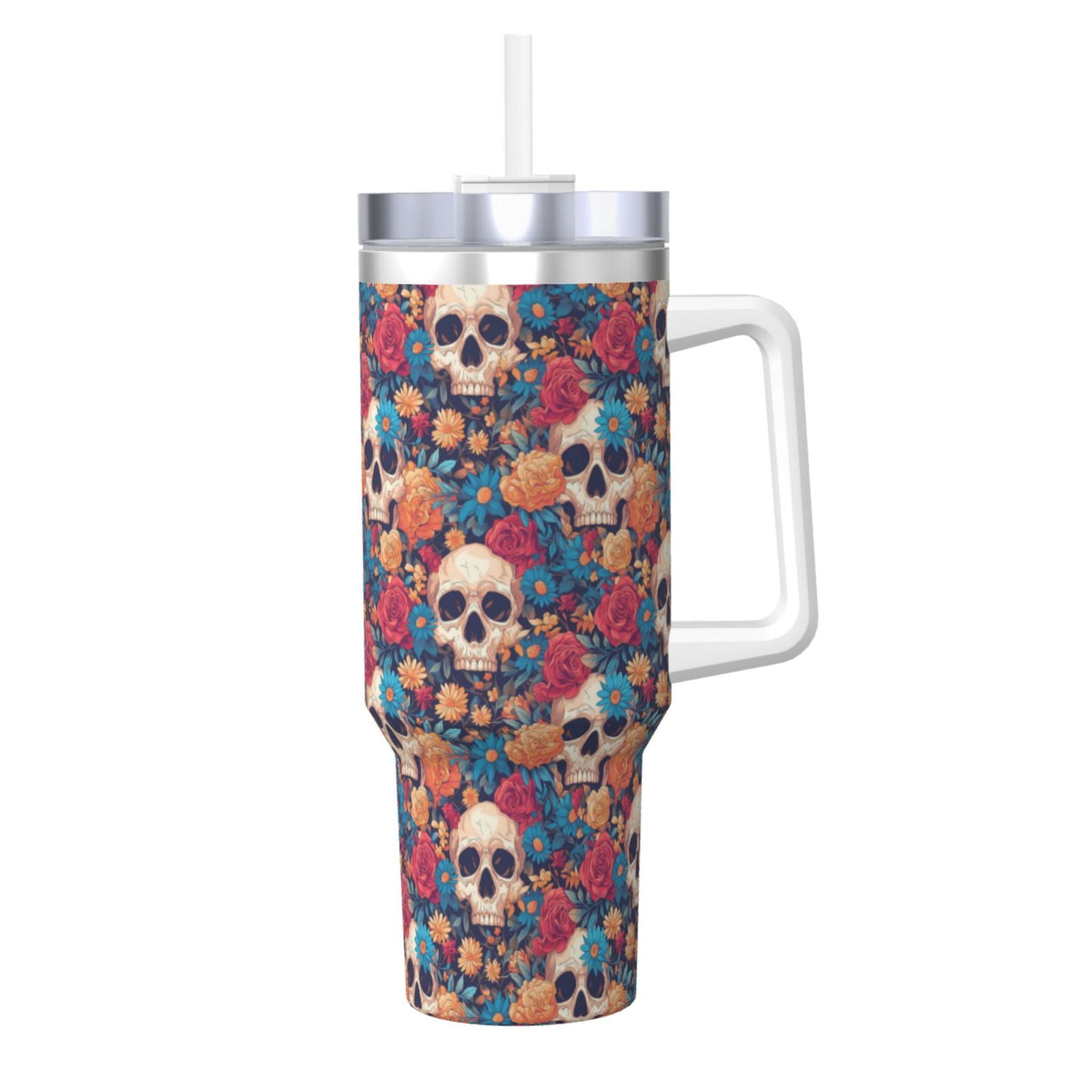 Susaid colorful Skull rose Print Indoor Outdoor Straw Lid 40oz Ice ...