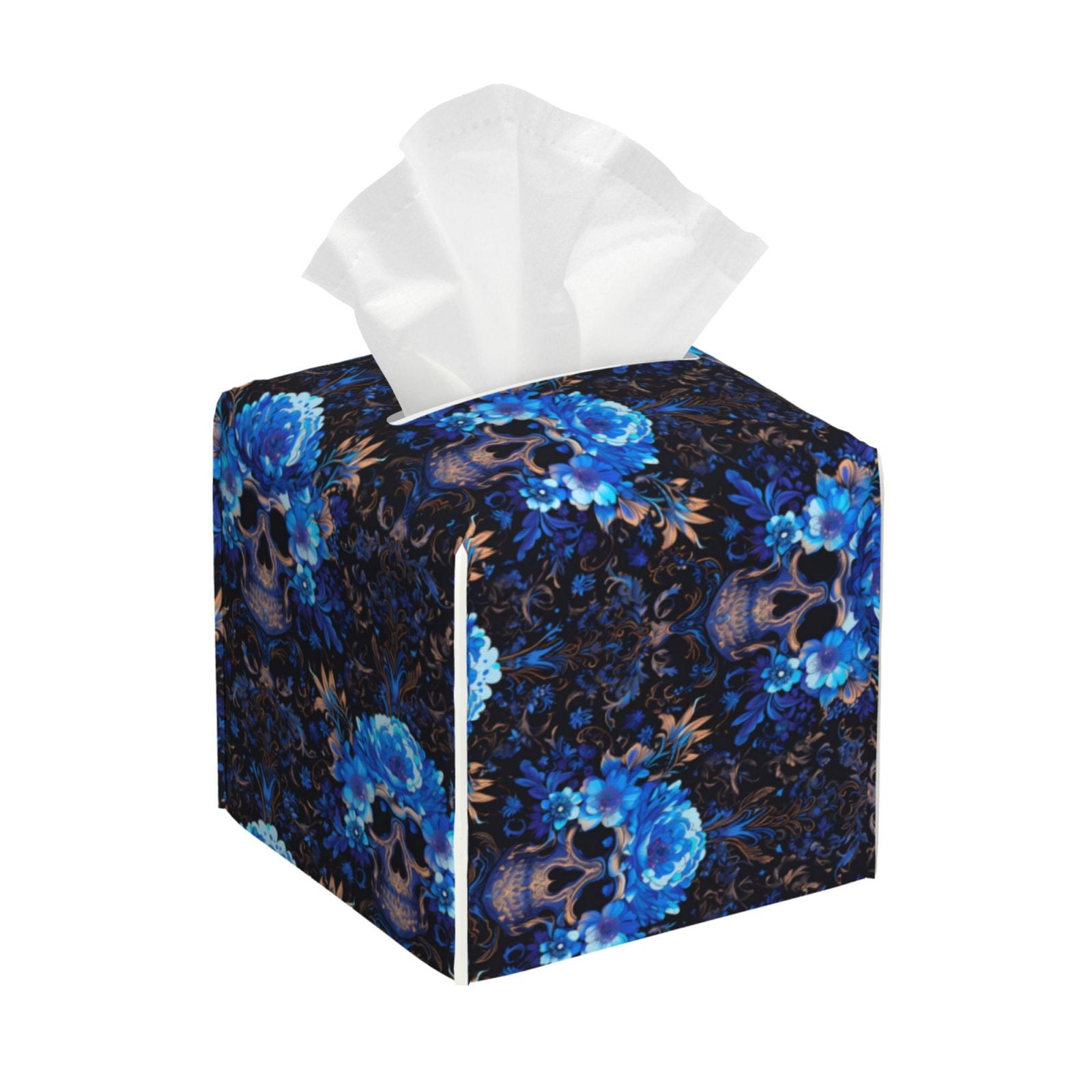 Susaid cool blue flower Skull Print PU Leather Tissue Box Cover, Square ...