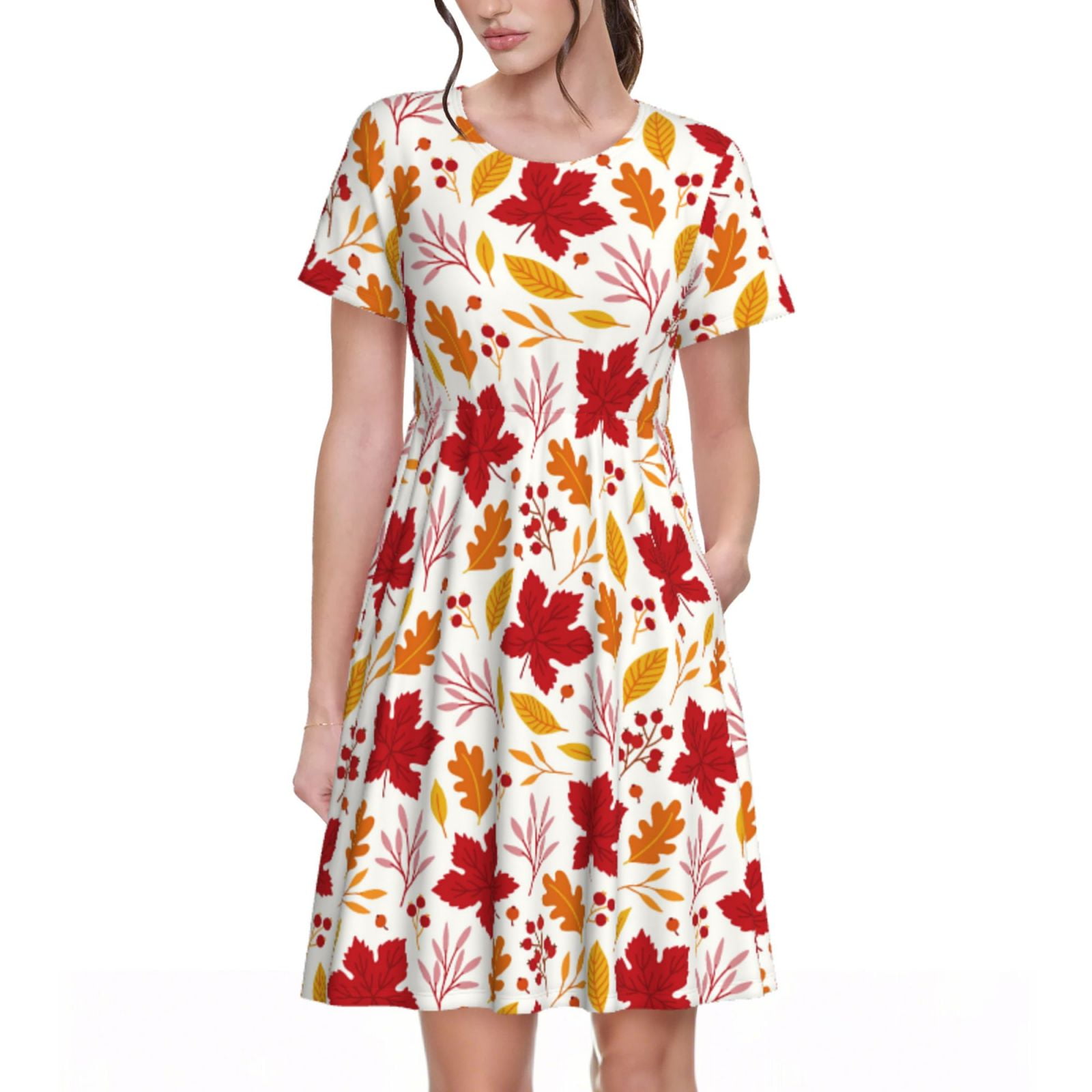 Susaid fall laef Maple Pattern Women's Casual Floral Print Crewneck Short Sleeve A Line Boho ...