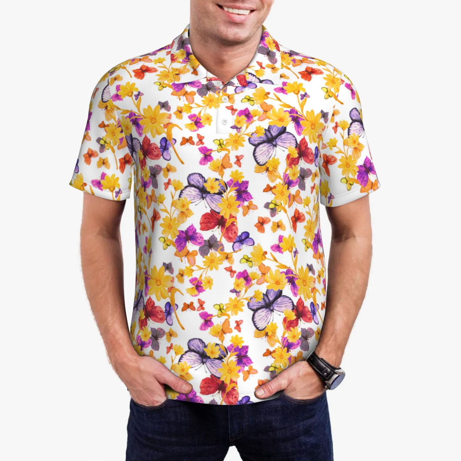 Susaid flowers and flying butterflies Print Men's Short Sleeve Polo ...