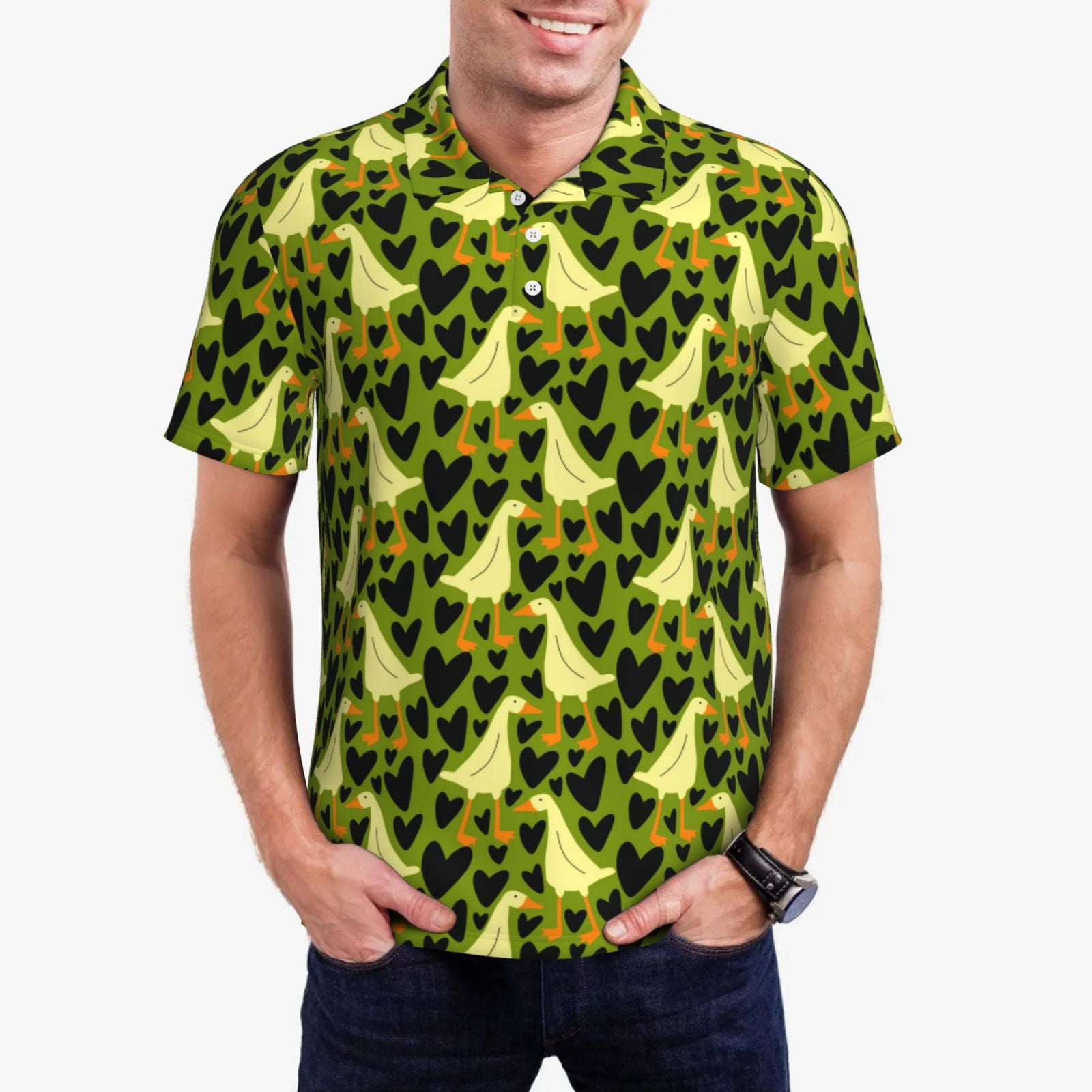 Susaid goose and hearts Print Men's Short Sleeve Polo Shirt, Golf ...