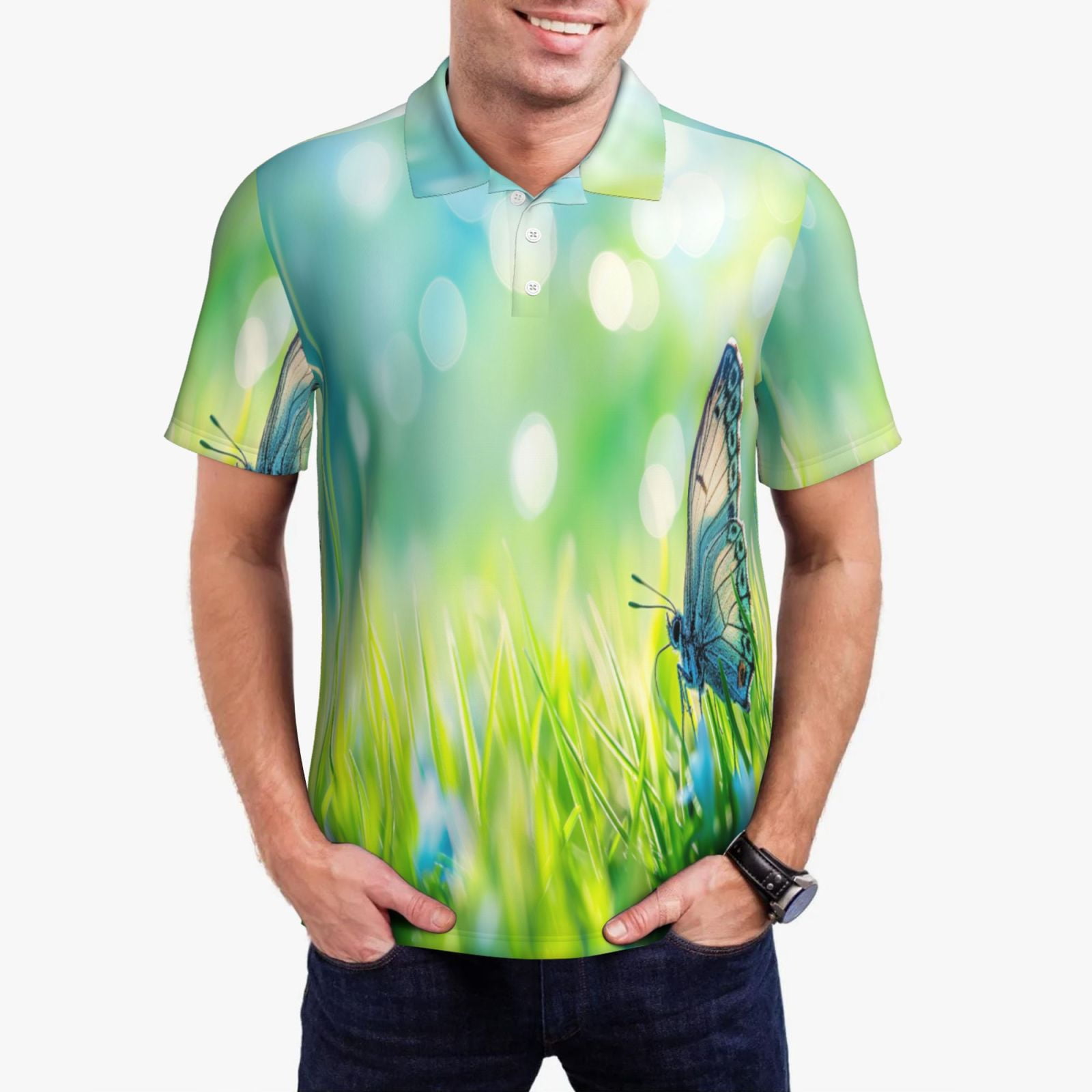 Susaid green grass and butterfly Print Men's Short Sleeve Polo Shirt ...