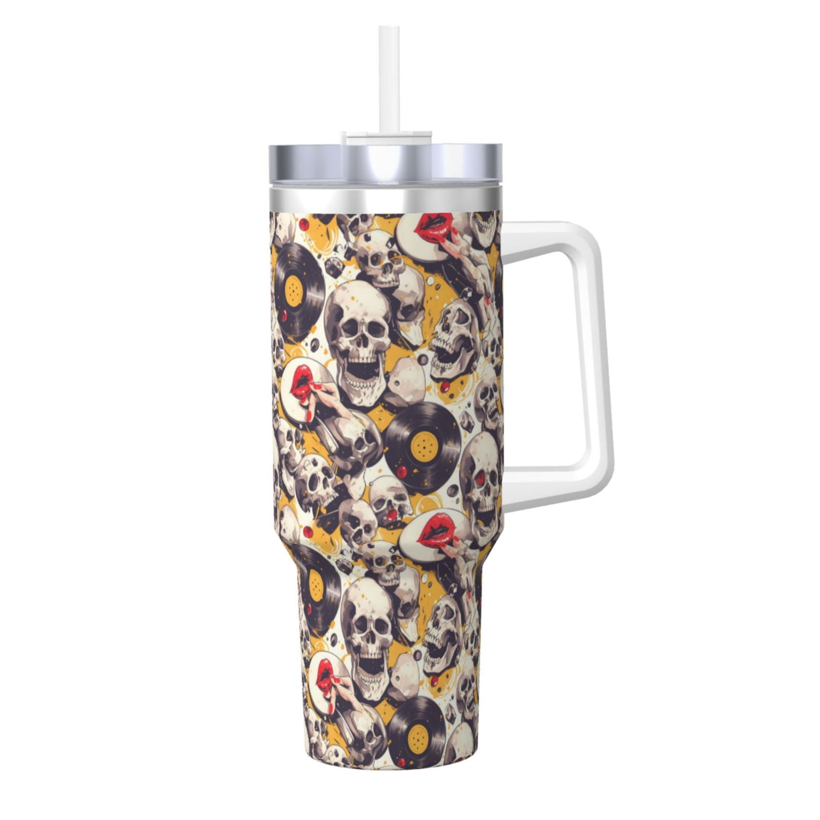 Susaid lips record rock Skull Print Indoor Outdoor Straw Lid 40oz Ice ...