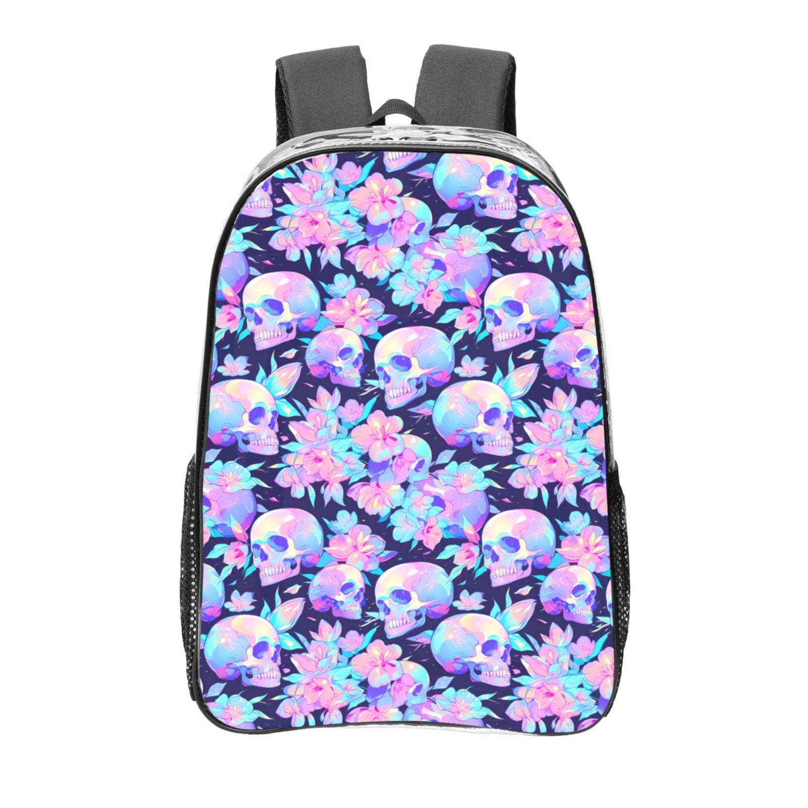 Susaid pinkk flower crystal Skull Print Clear Backpack See Through ...