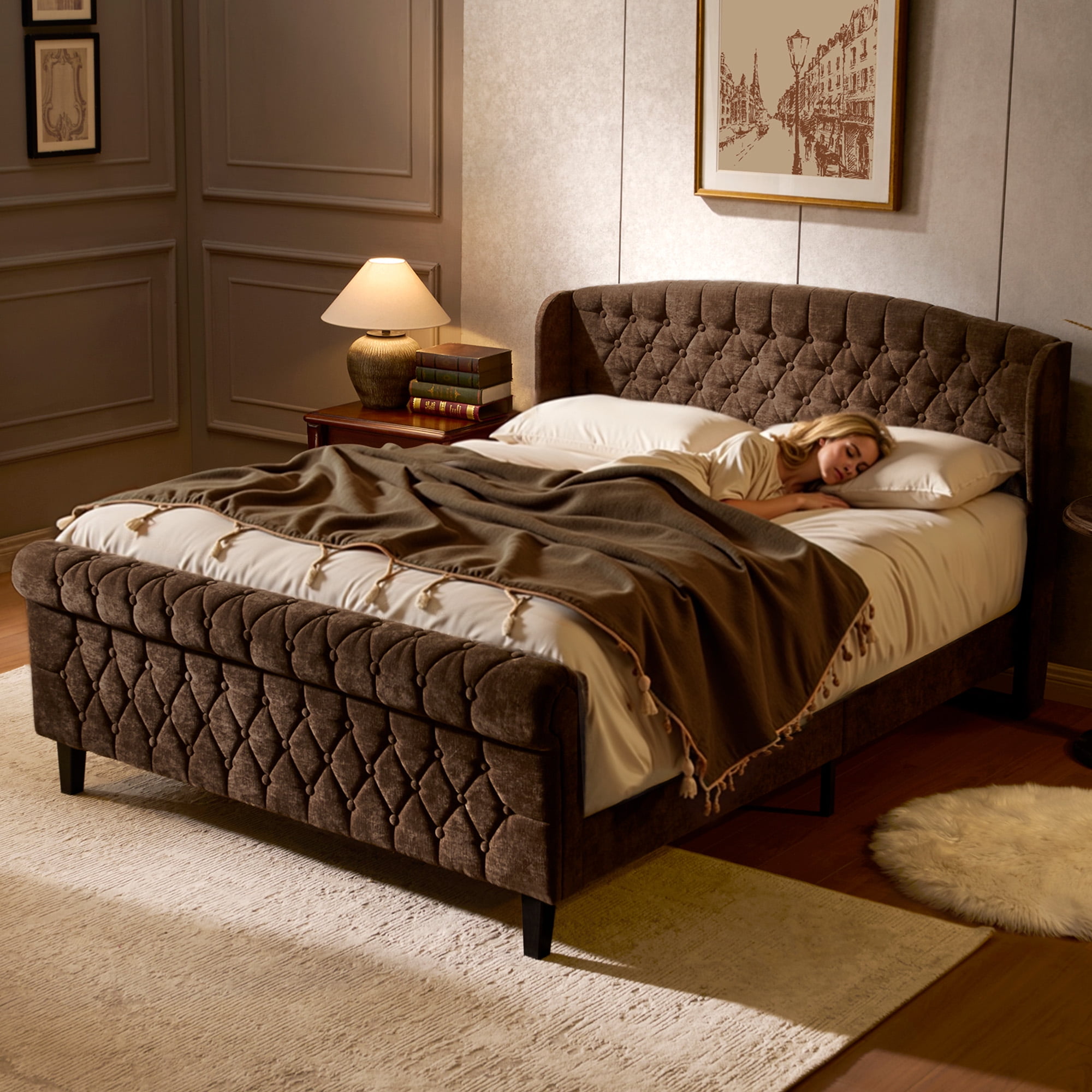 Susalt Full Bed Frame,Chenille Upholstered Platform Sleigh Bed Frame ...