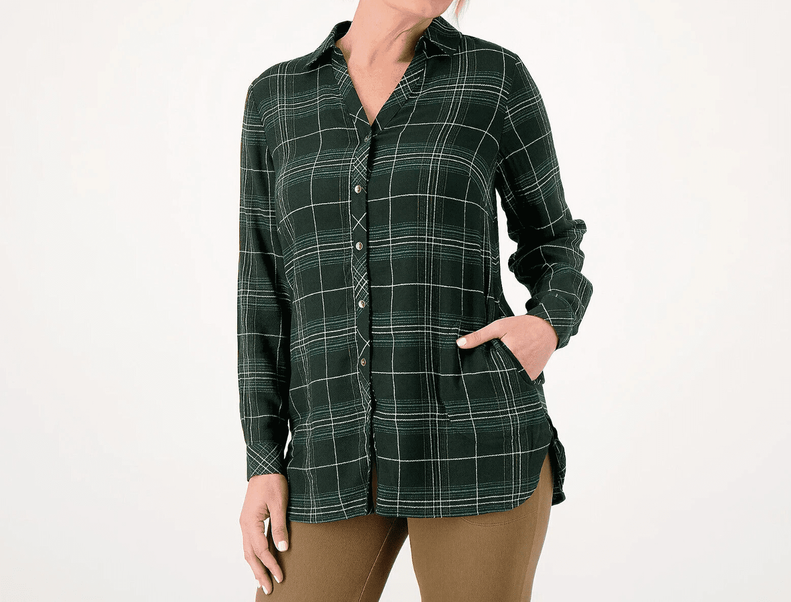 Susan Graver Weekend Regular Yarn Dyed Woven Button Front Shirt Loden ...