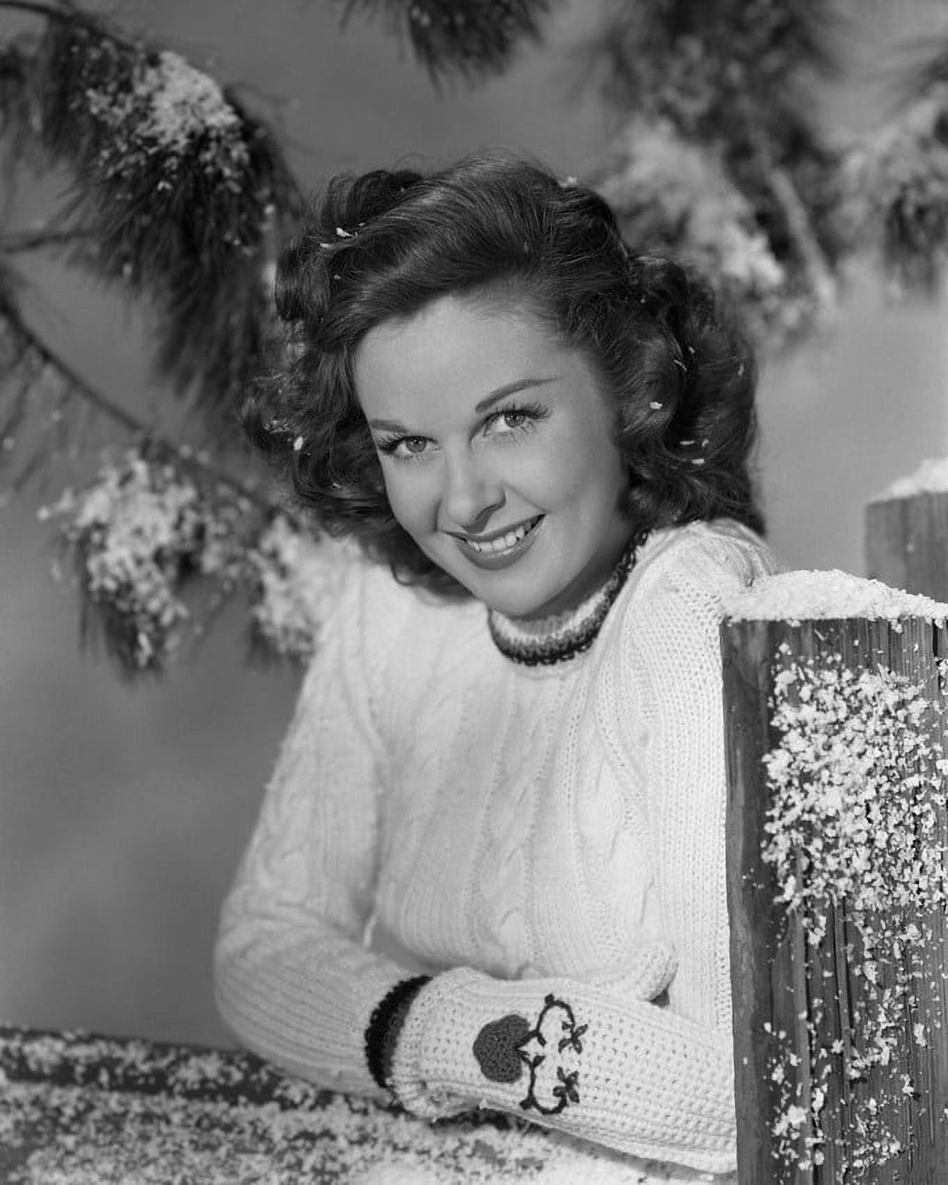 Susan Hayward Smiling in Fall Outfit By Snow Covered Tree And Fence ...