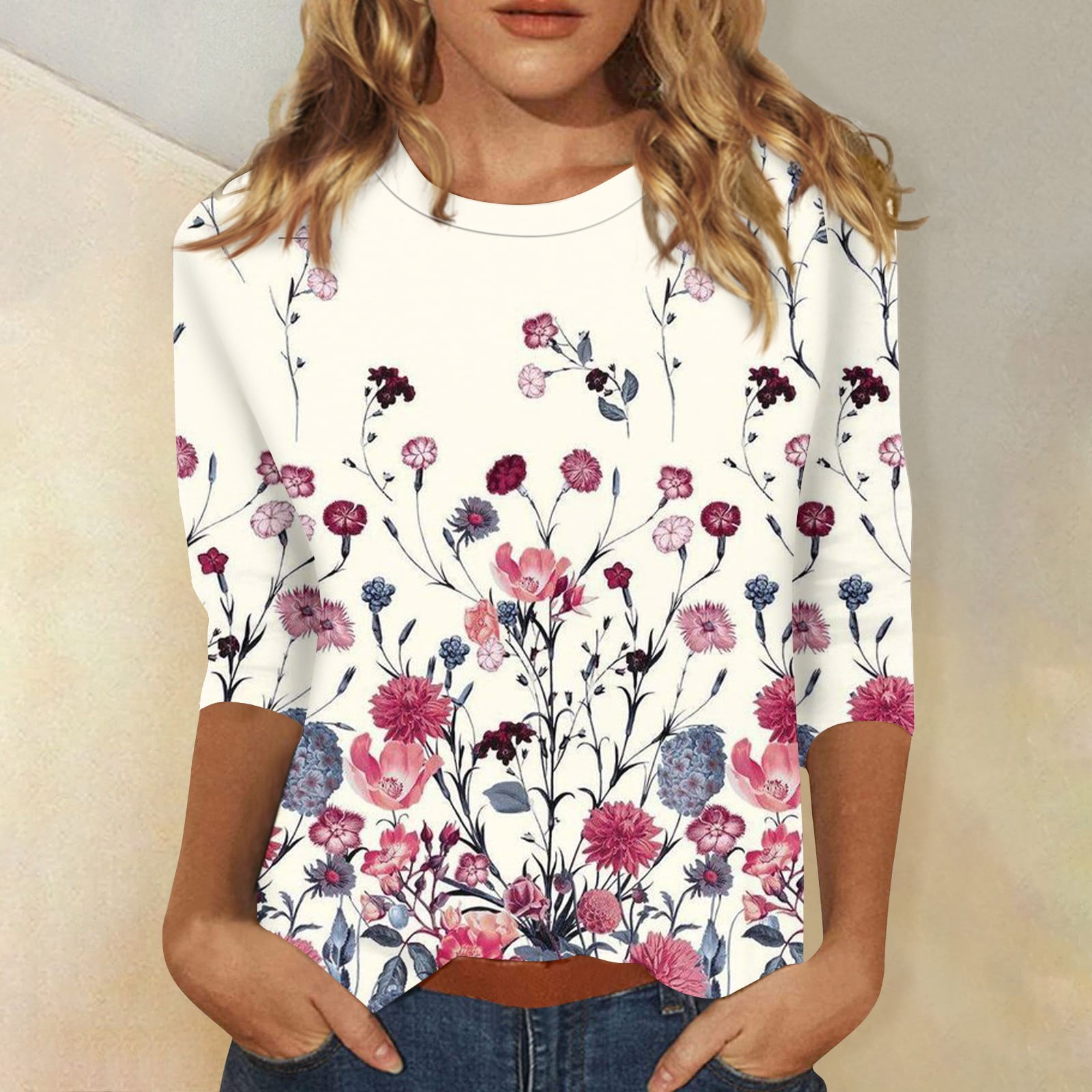 Susanny Basic Tops Work Floral Crew Neck T Shirts For Women Trendy