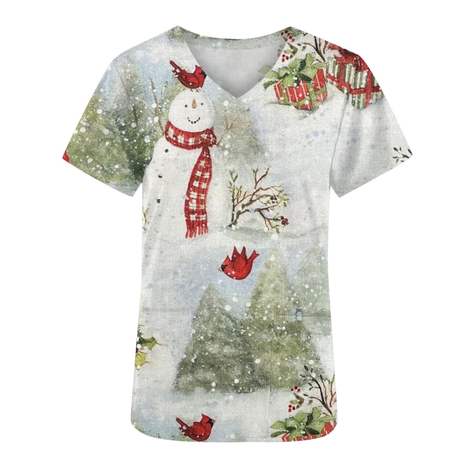 Susanny Christmas Scrub Suits for Women Xmas Snowman Printed V Neck ...