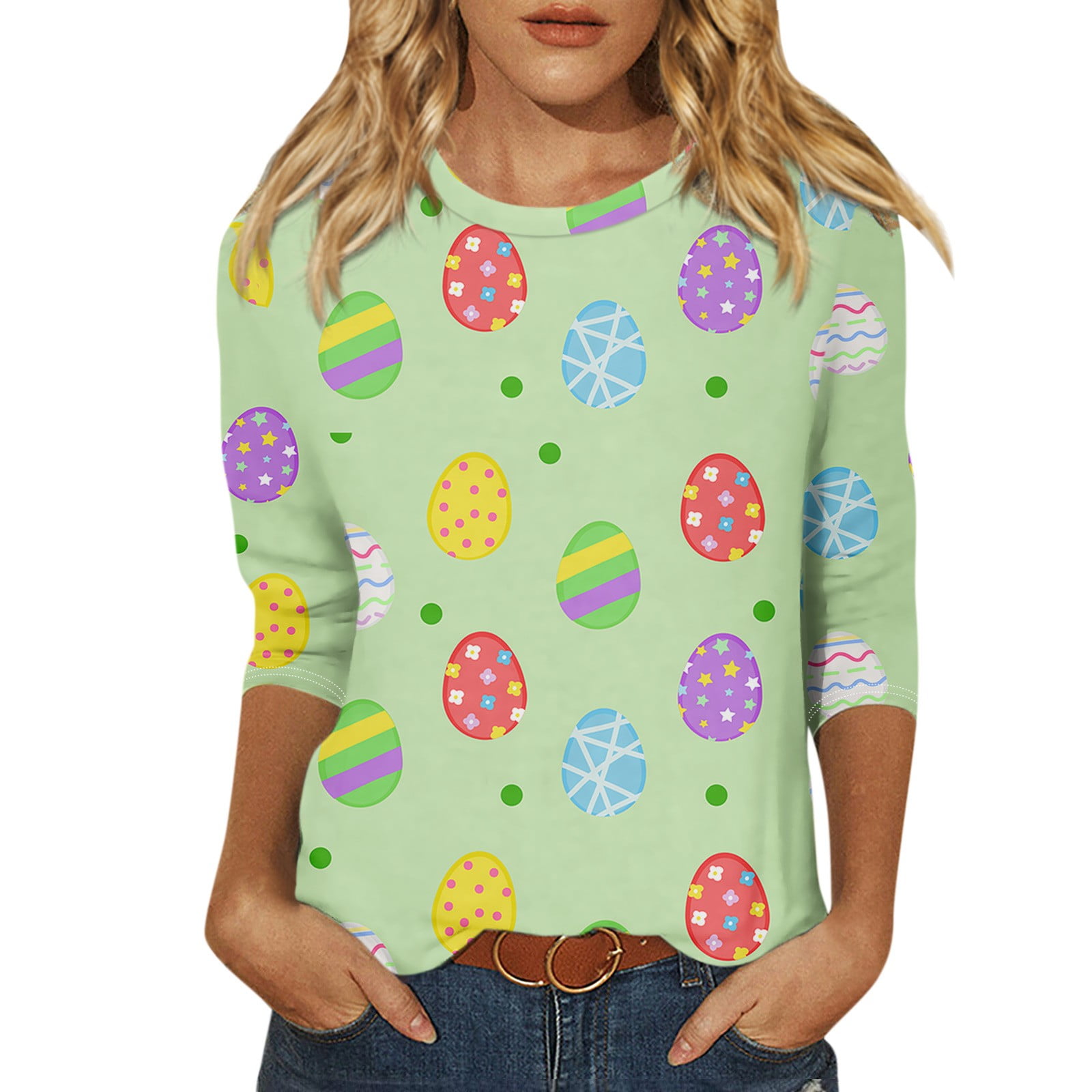 Susanny Easter Shirts Women Plus Size 3/4 Sleeve Crew Neck Eggs Rabbit ...