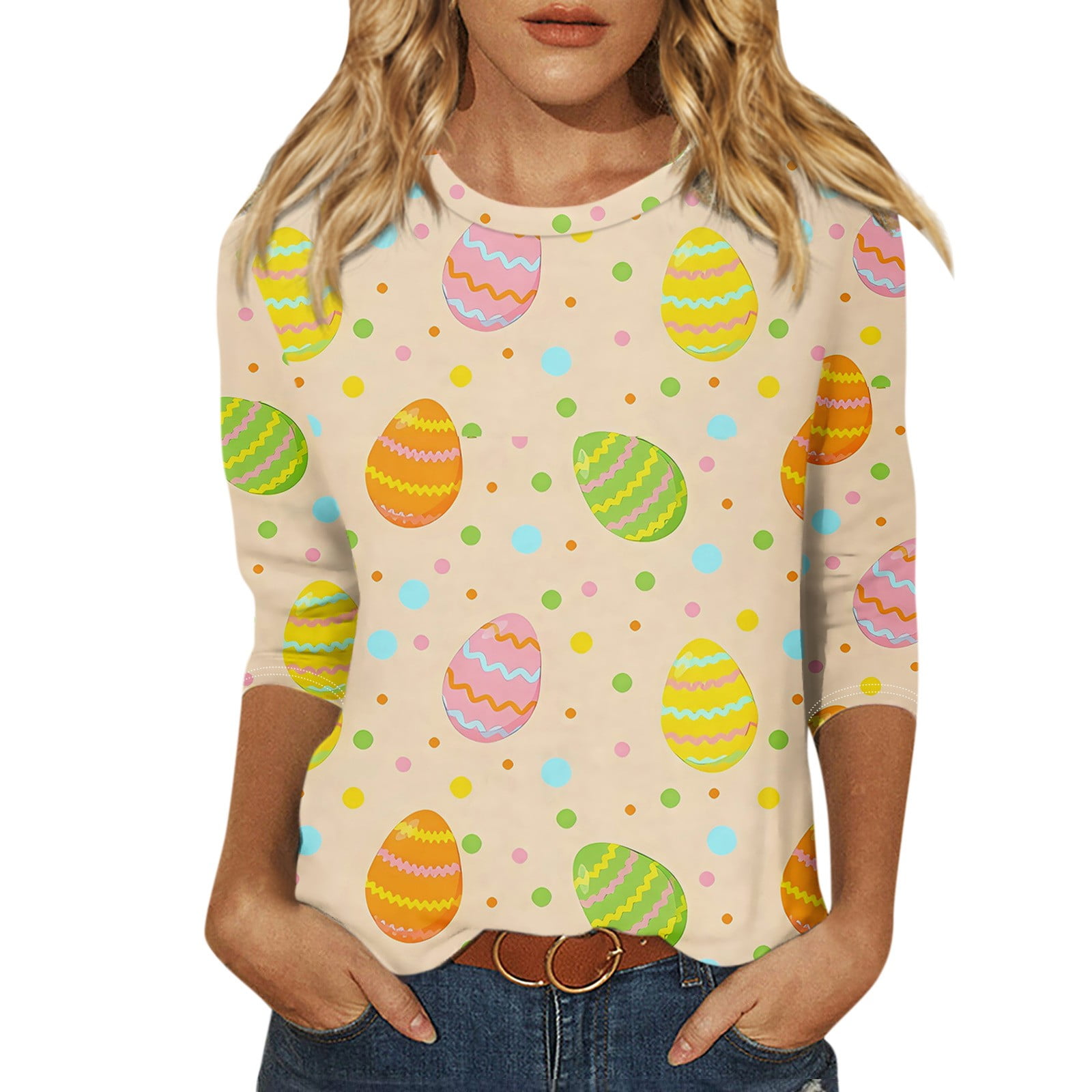 Susanny Easter Shirts Women Plus Size 3/4 Sleeve Crew Neck Eggs Rabbit ...