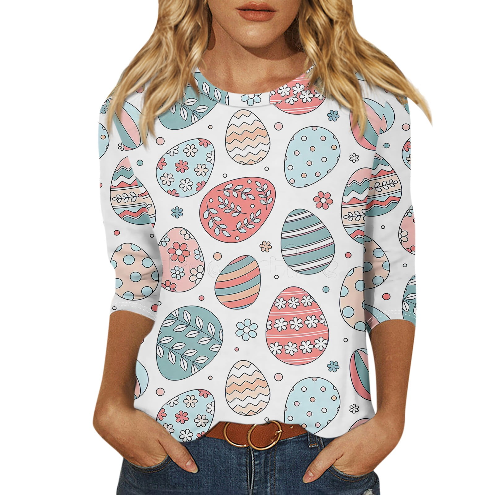 Susanny Easter Shirts Women Plus Size 3/4 Sleeve Crew Neck Eggs Rabbit ...