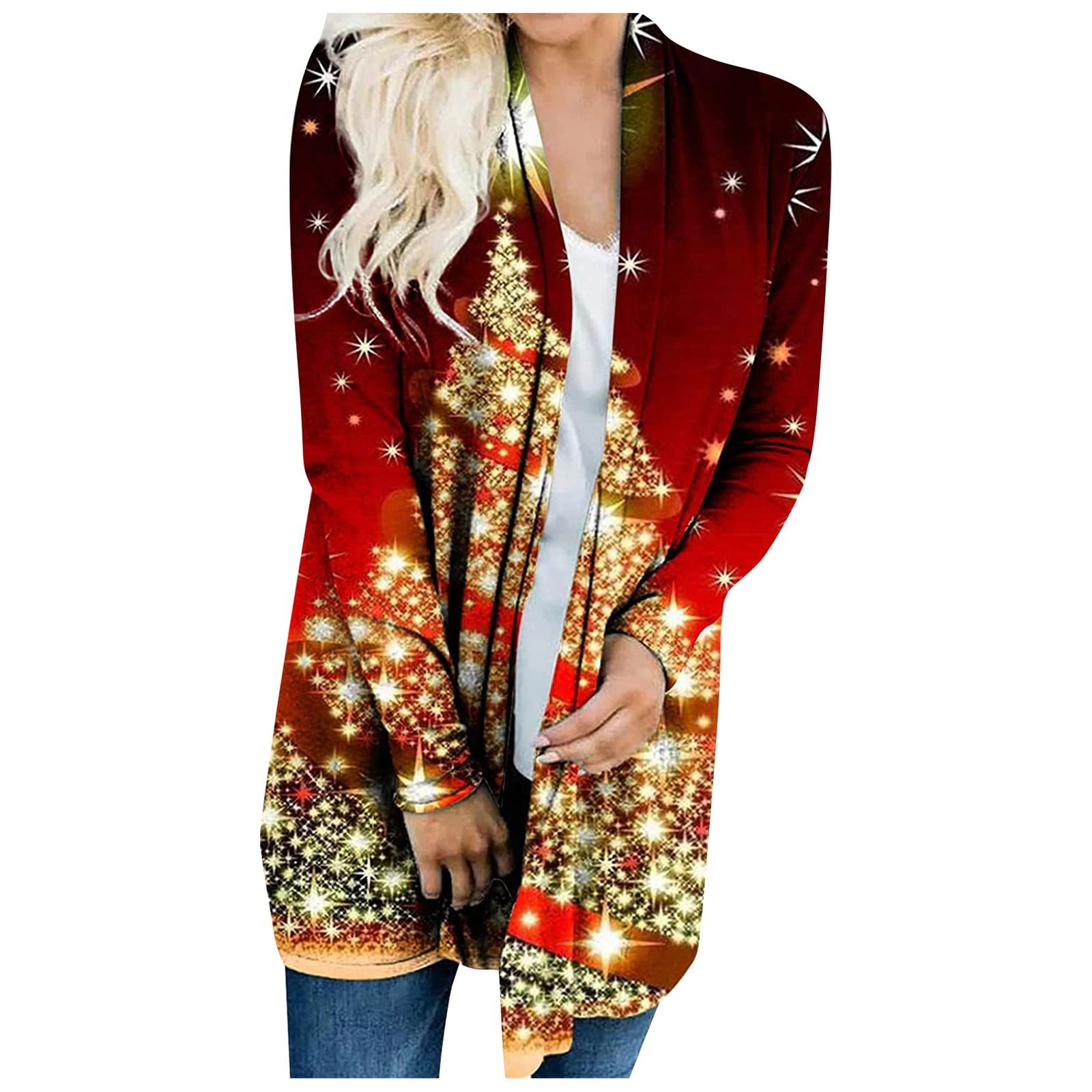 Susanny Snowflake Christmas Cardigan for Women Christmas Tree Print Lightweight Open Front ...