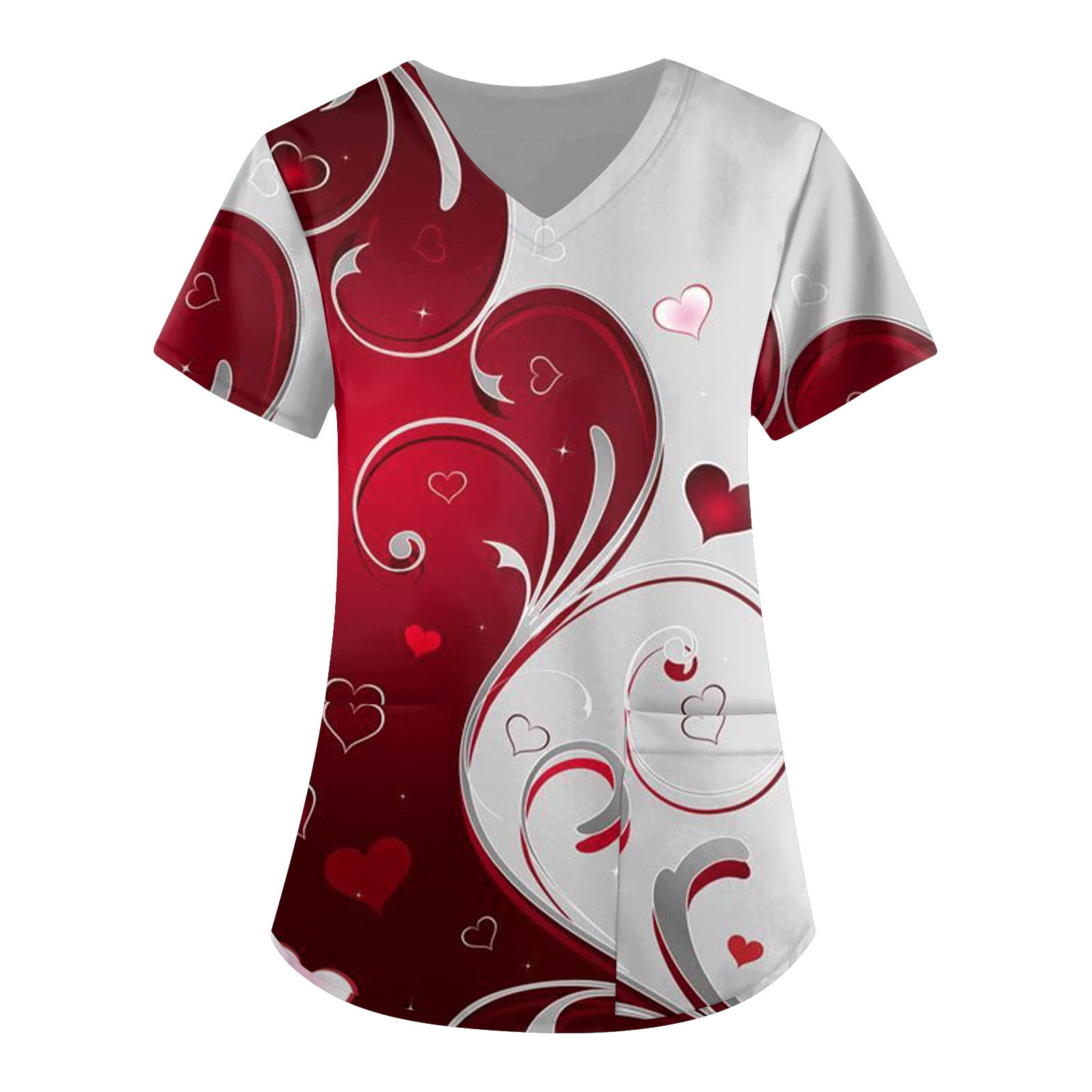 Susanny Valentines Day Womens Scrub Tops With Pockets V Neck Red Heart Print Love Short Sleeve