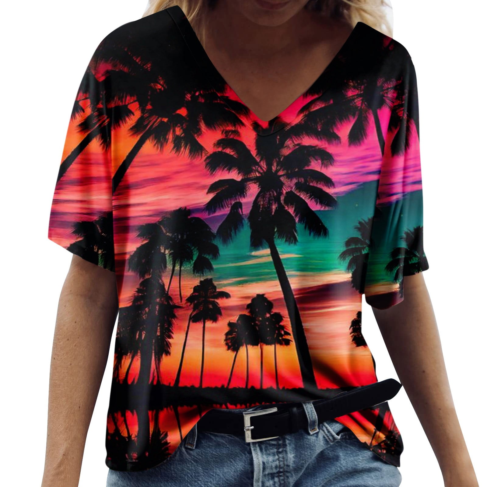 Susanny Women's Hawaiian Palm Tree Graphic Short Sleeve V-Neck T-Shirt ...