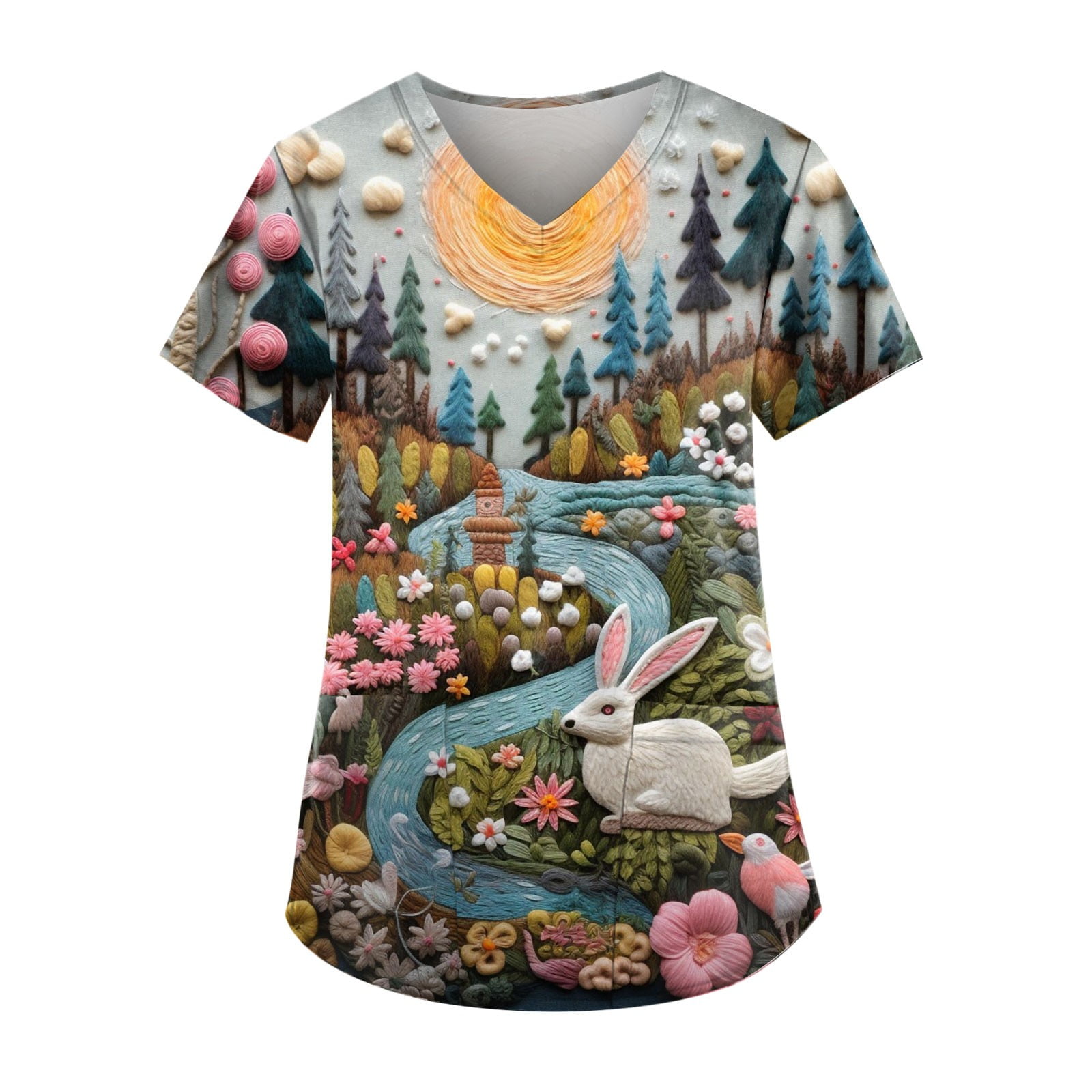 Susanny Womens Easter Scrub Tops Rabbit Eggs Bunny Scrubs with Pockets ...