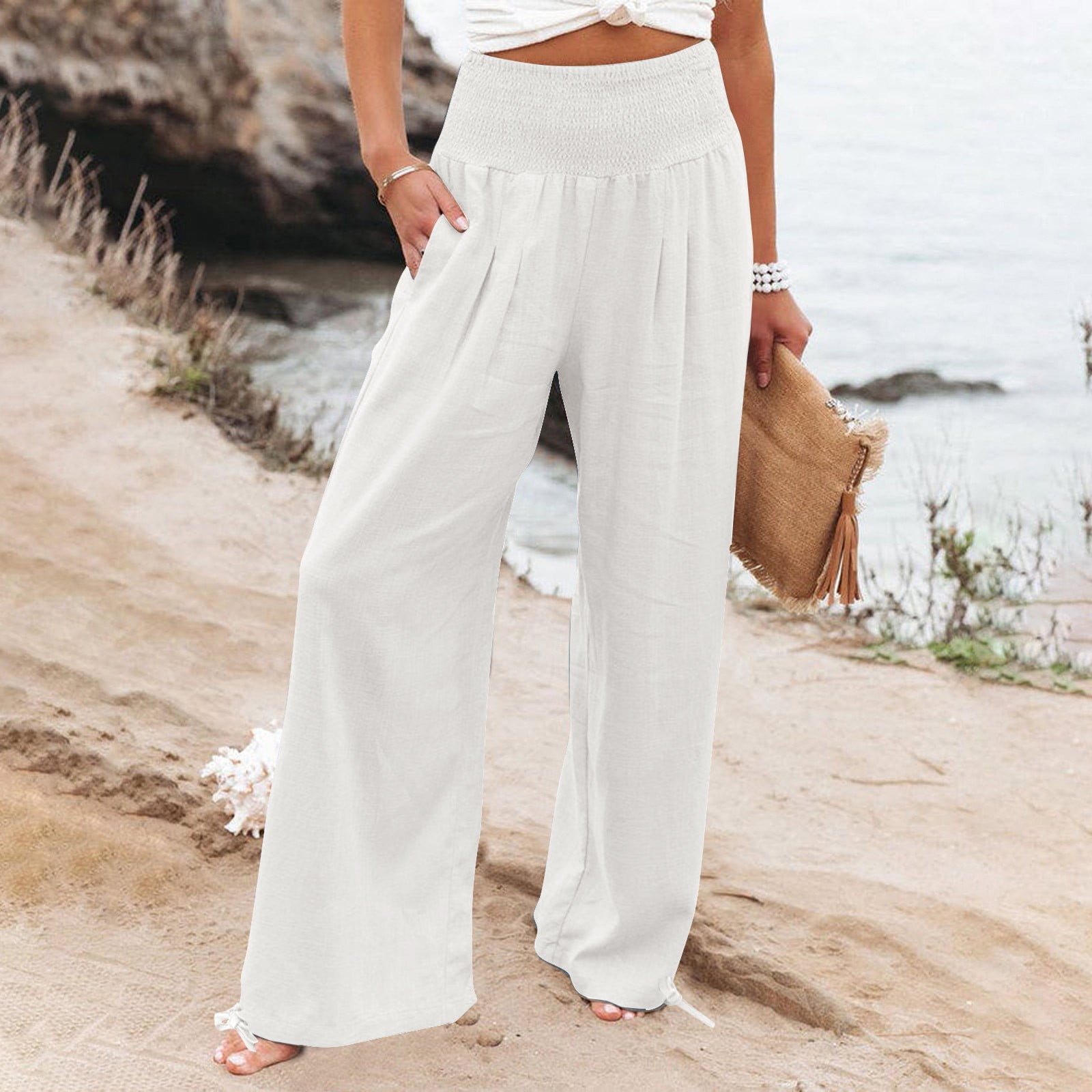 Susanny Womens Flowy Pull On Lightweight Baggy Pants Cotton Linen High ...