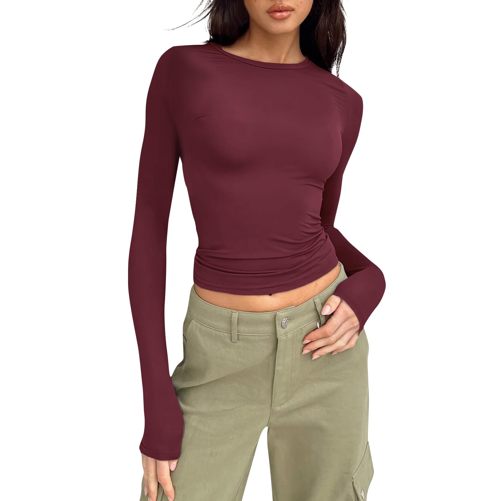 Susanny Womens Long Sleeve Crop Tops Basic Slim Fitted Shirts Casual