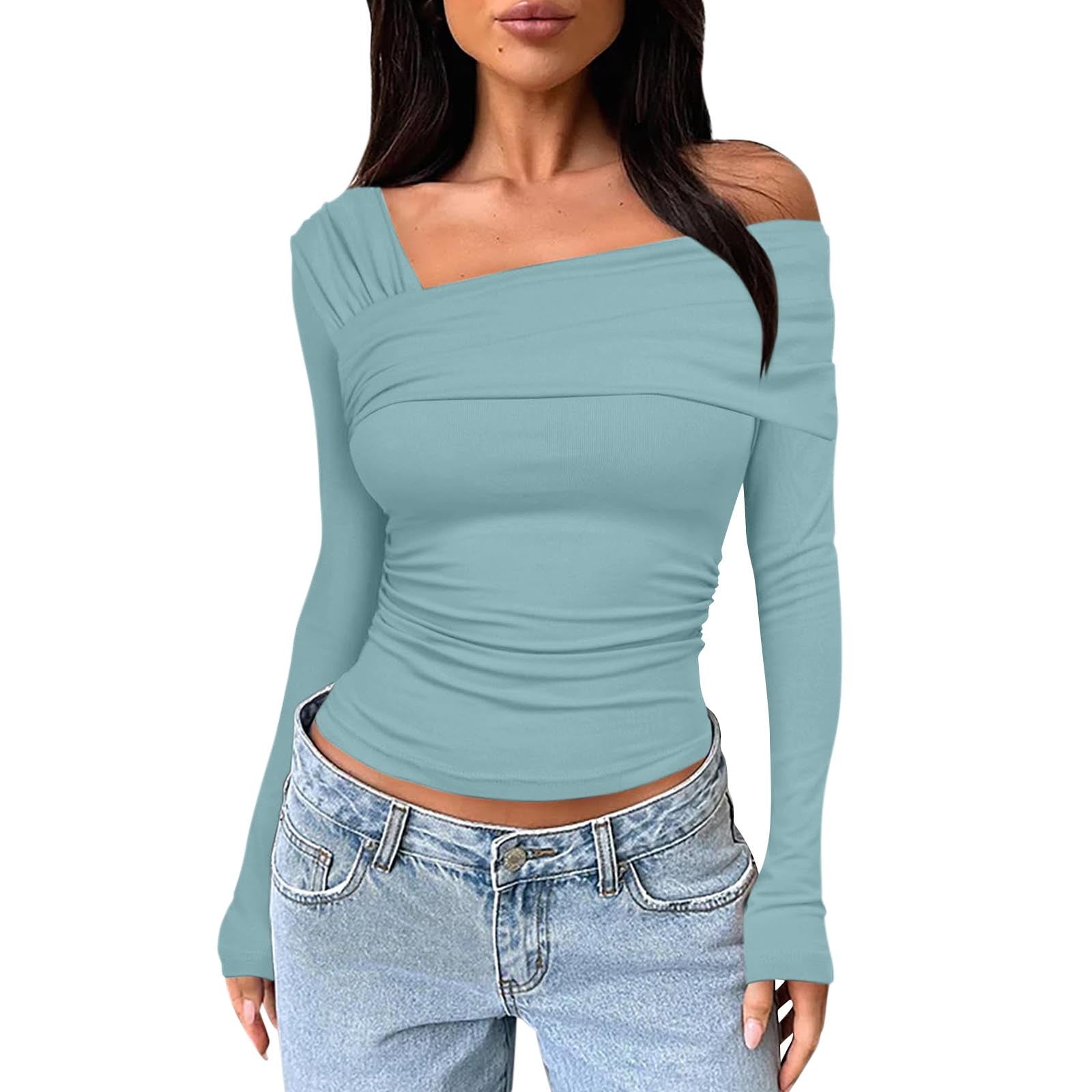 Susanny Womens One Off Shoulder Long Sleeve Blouses Ruched Y2k Slim Fit
