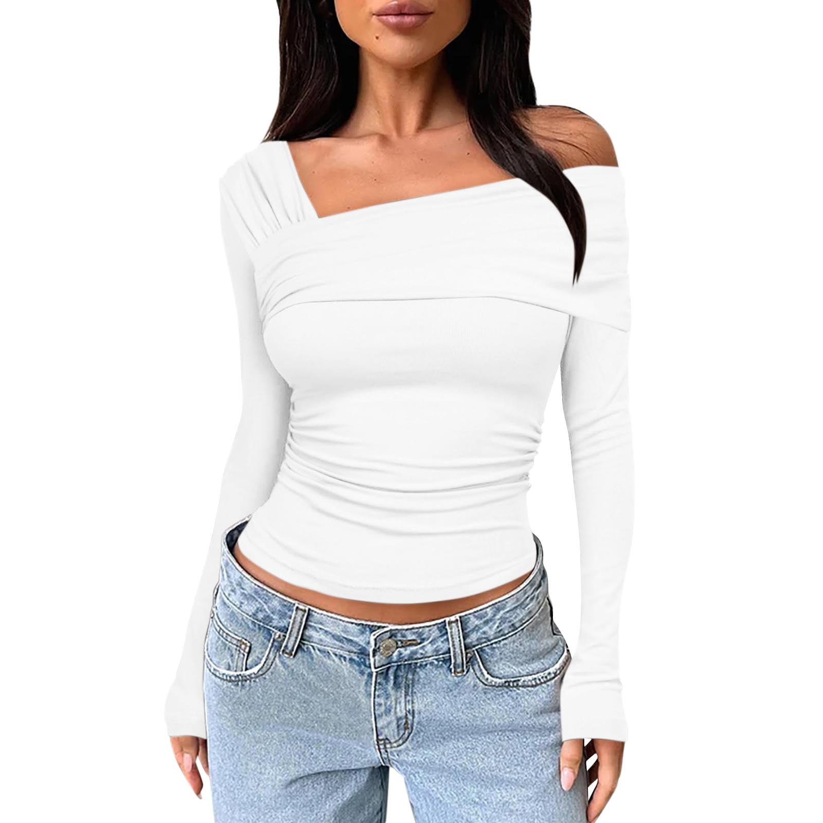 Susanny Womens One Off Shoulder Long Sleeve Blouses Ruched Y2k Slim Fit