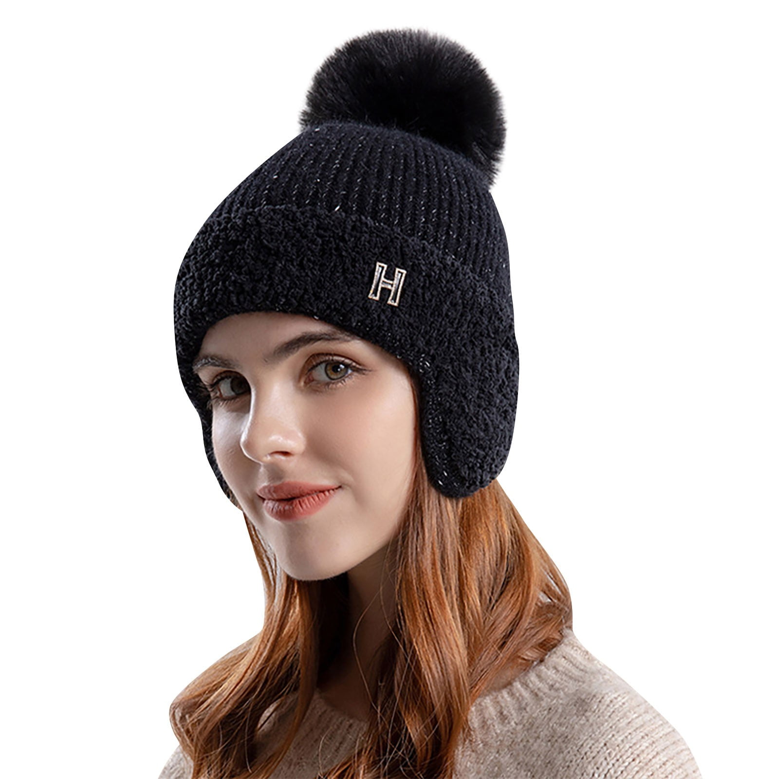 Susanny Womens Snow Ribbed Winter Lightweight Vintage Knit Faux Fur Pom Pom Skull Cap Ear Muffs ...