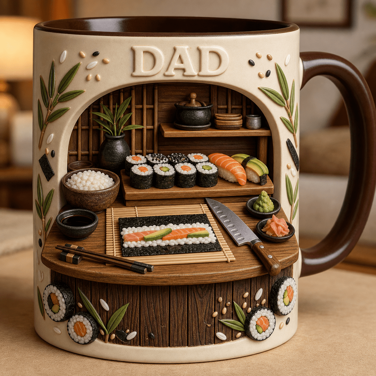 Sushi Chef Dad Accent Mug, Father’s Day Gift with Sushi Roll, Knife ...