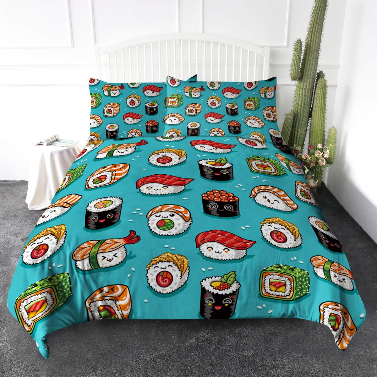 Sushi Comforter Cover Kawaii Rice Printed Duvet Cover Cartoon Sushi ...
