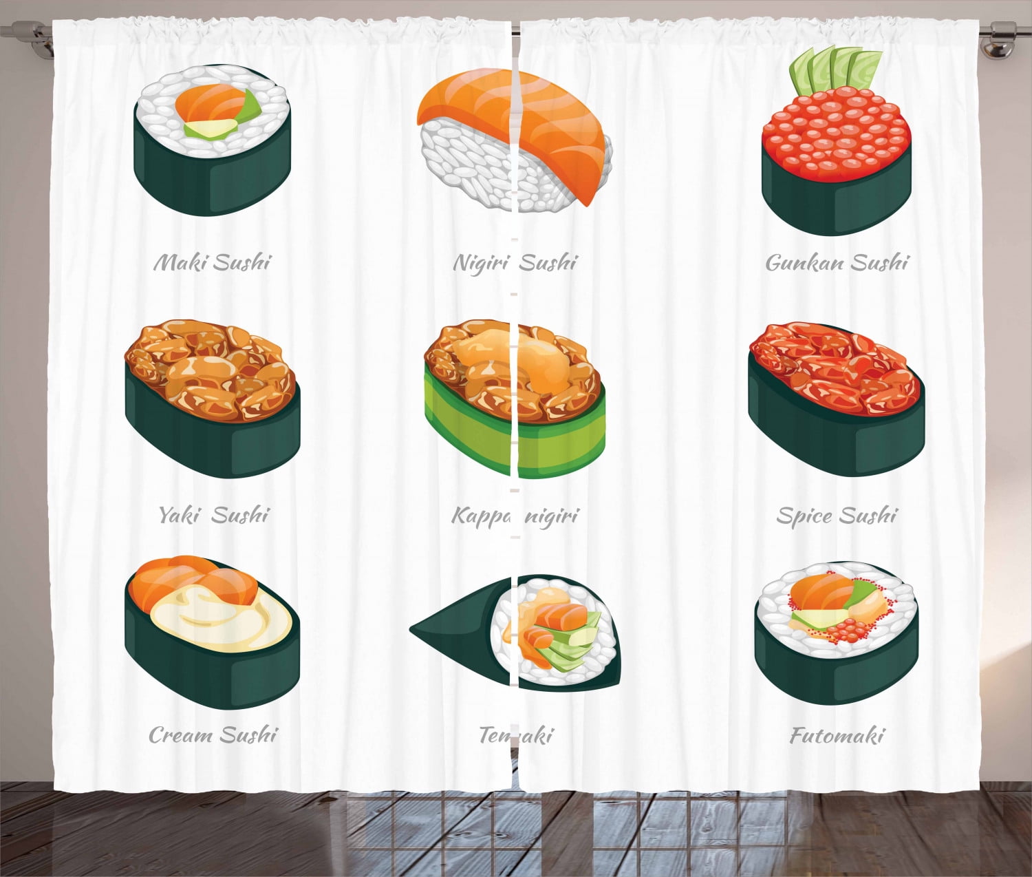 Ambesonne Sushi Curtains 2 Panel Set, Exotic Japanese Cuisine, 108" x ...