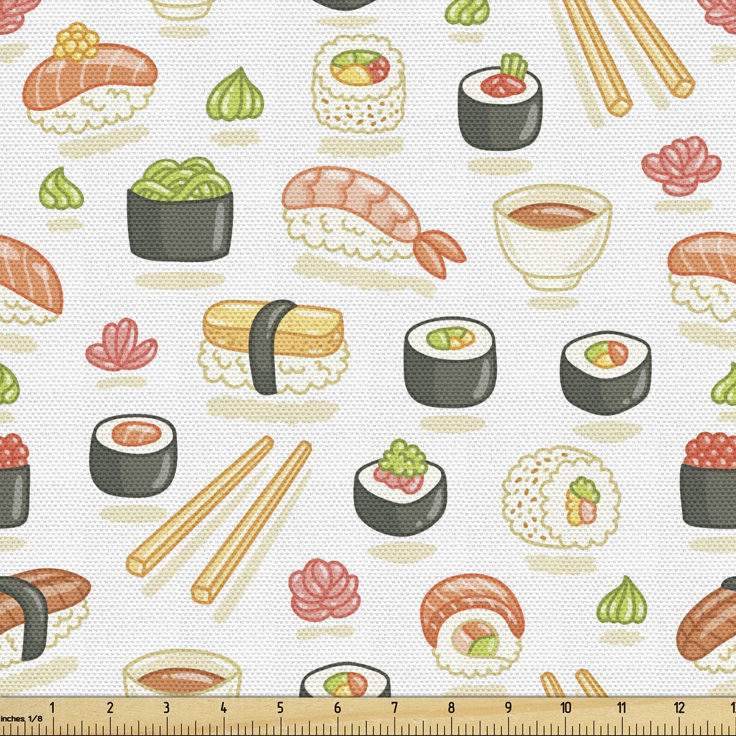 Ambesonne Sushi Fabric by the Yard Upholstery, Cartoon Yummy Food ...