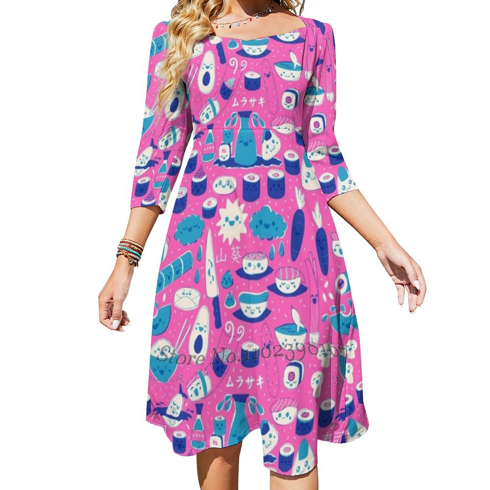 Sushi Fun Park Sweet Elegant Dress Women Korean Kawaii Square Collar ...