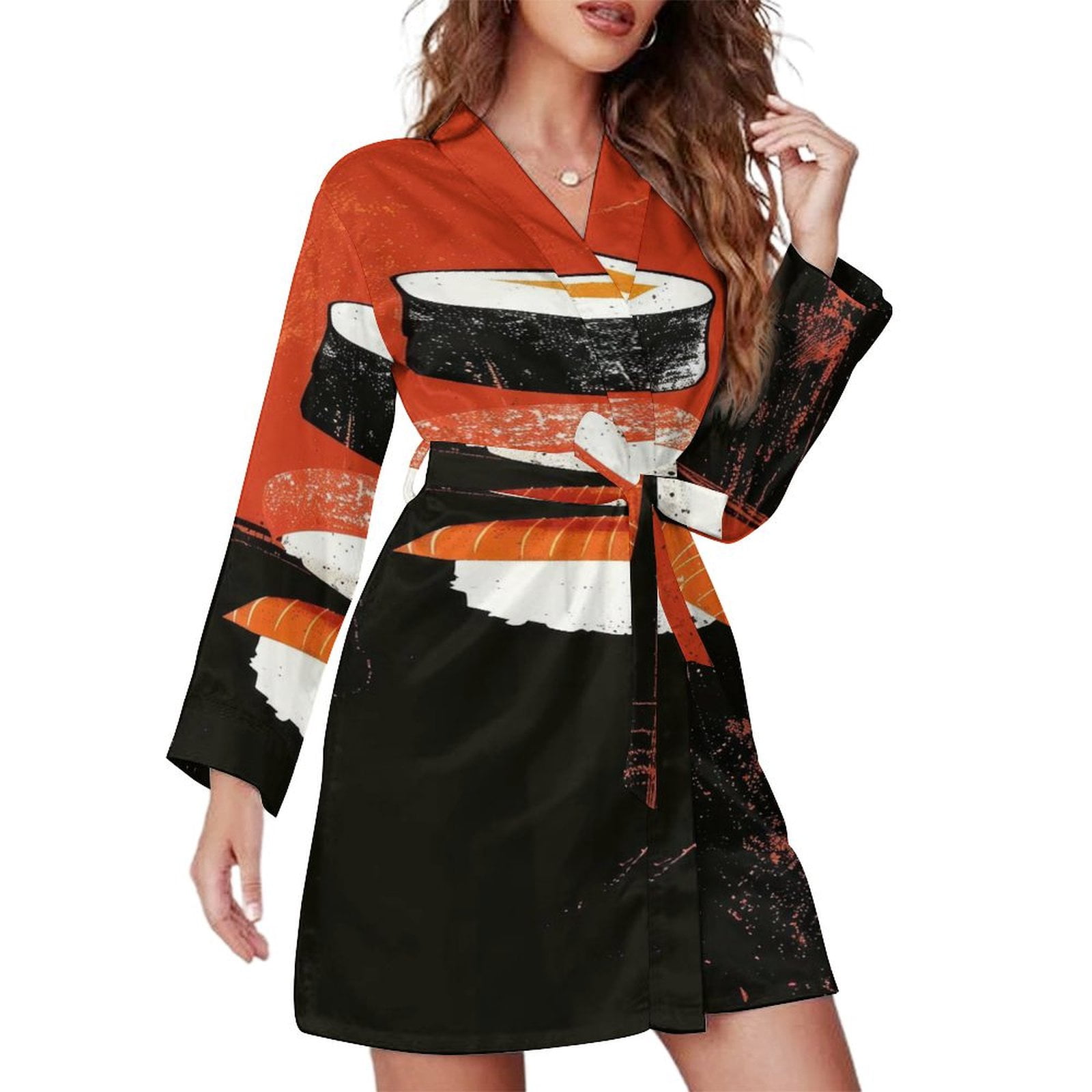 Sushi House Night Robe Long Sleeve V Neck Robe With Belt Women's ...