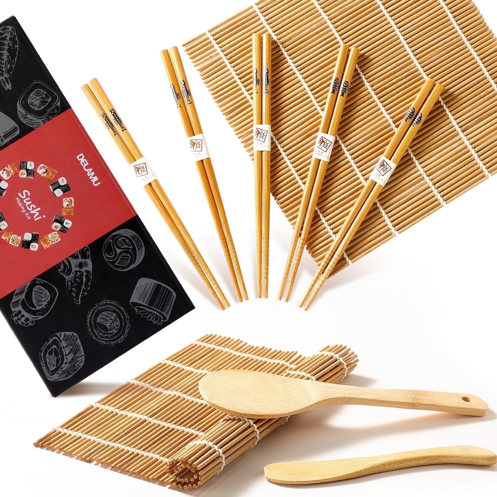 Delamu Sushi Making Kit, Bamboo Roller Set, Includes Mats, Chopsticks ...