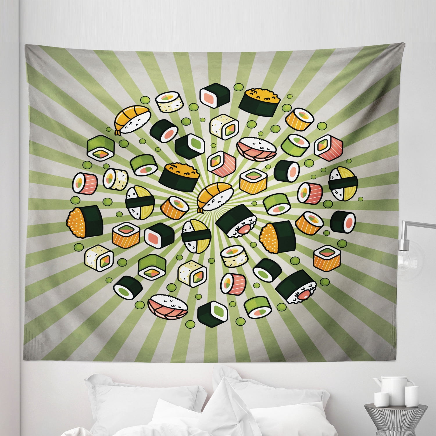 Sushi Tapestry, Japanese Manga Style Delicious Sushi Rolls Arranged in ...