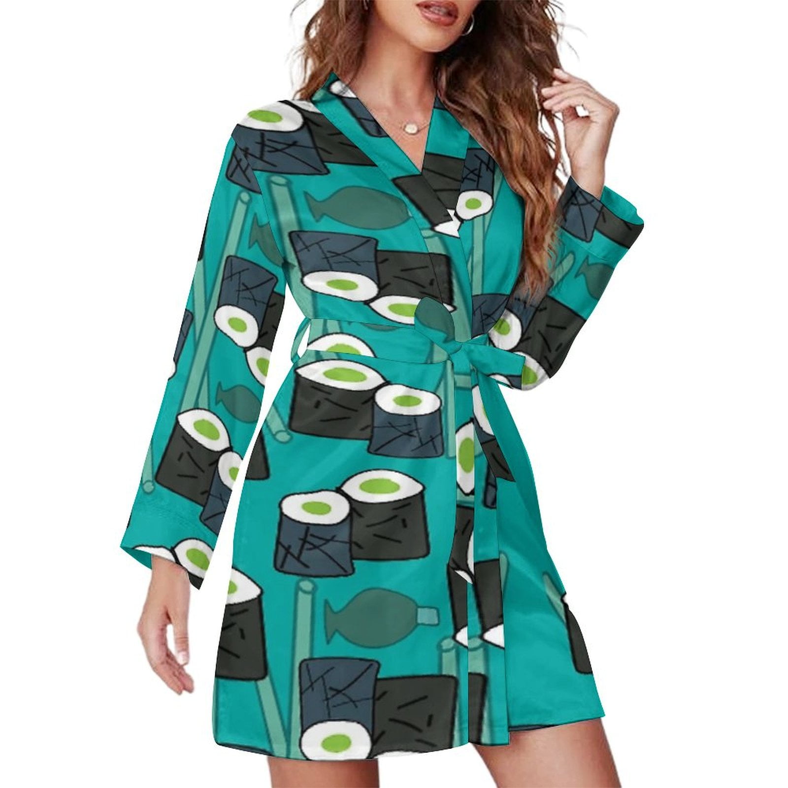 Sushi-licious! Night Robe Long Sleeve V Neck Robe With Belt Women's ...