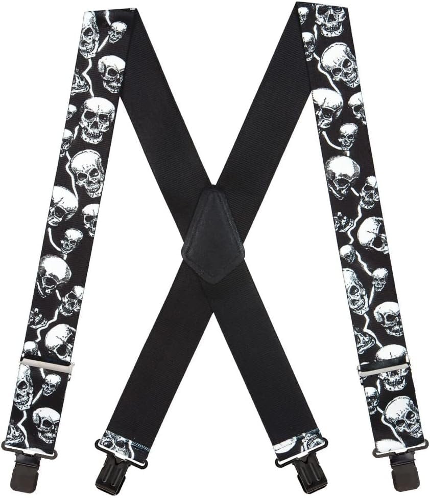 SuspenderStore Adult Skull Suspenders - 2-Inch Wide Elastic, Gator Clip ...